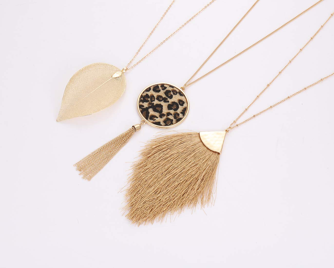 LENOOCLE Long Necklace for Women Tassel Pendant Necklace Leaf Necklace Leopard Print Leather Y Shape Lariat Sweater Necklace Set