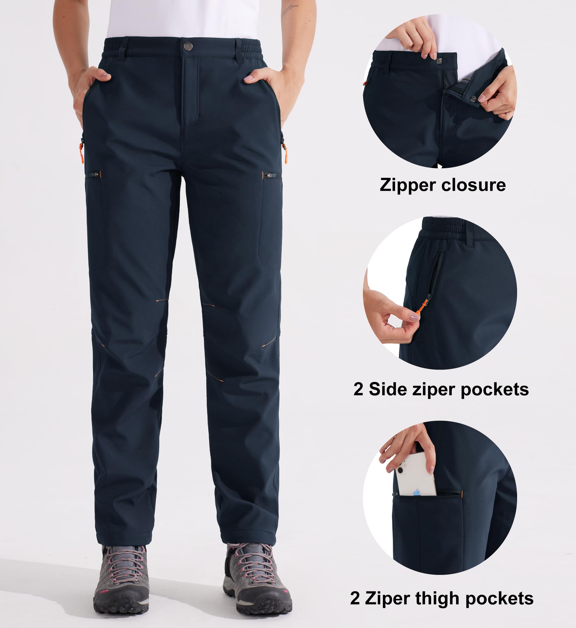 Libin Women's Hiking Pants Fleece Lined Snow Ski Pants Water Resistant Windproof Insulated Cargo Softshell Winter Warm, Navy S