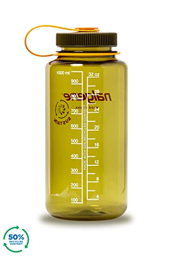 Nalgene Sustain Tritan BPA-Free Water Bottle Made with Material Derived from 50% Plastic Waste, 32 OZ, Wide Mouth,Olive