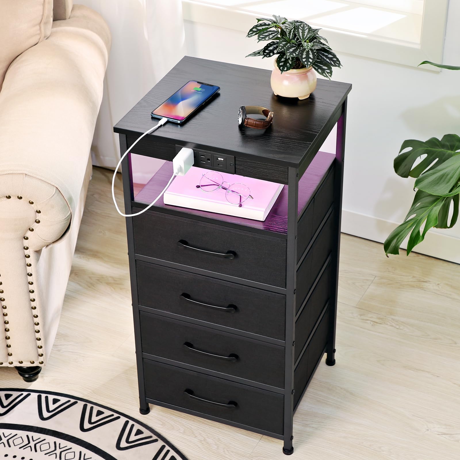 LOAKEKEL Night Stand Set 2, Tall Nightstand with Charging Station, LED End Tables with USB C Ports and 2 Outlets, Bedside Table with 4 Fabric Drawers, Dresser for Bedroom, Black, HNS024BK