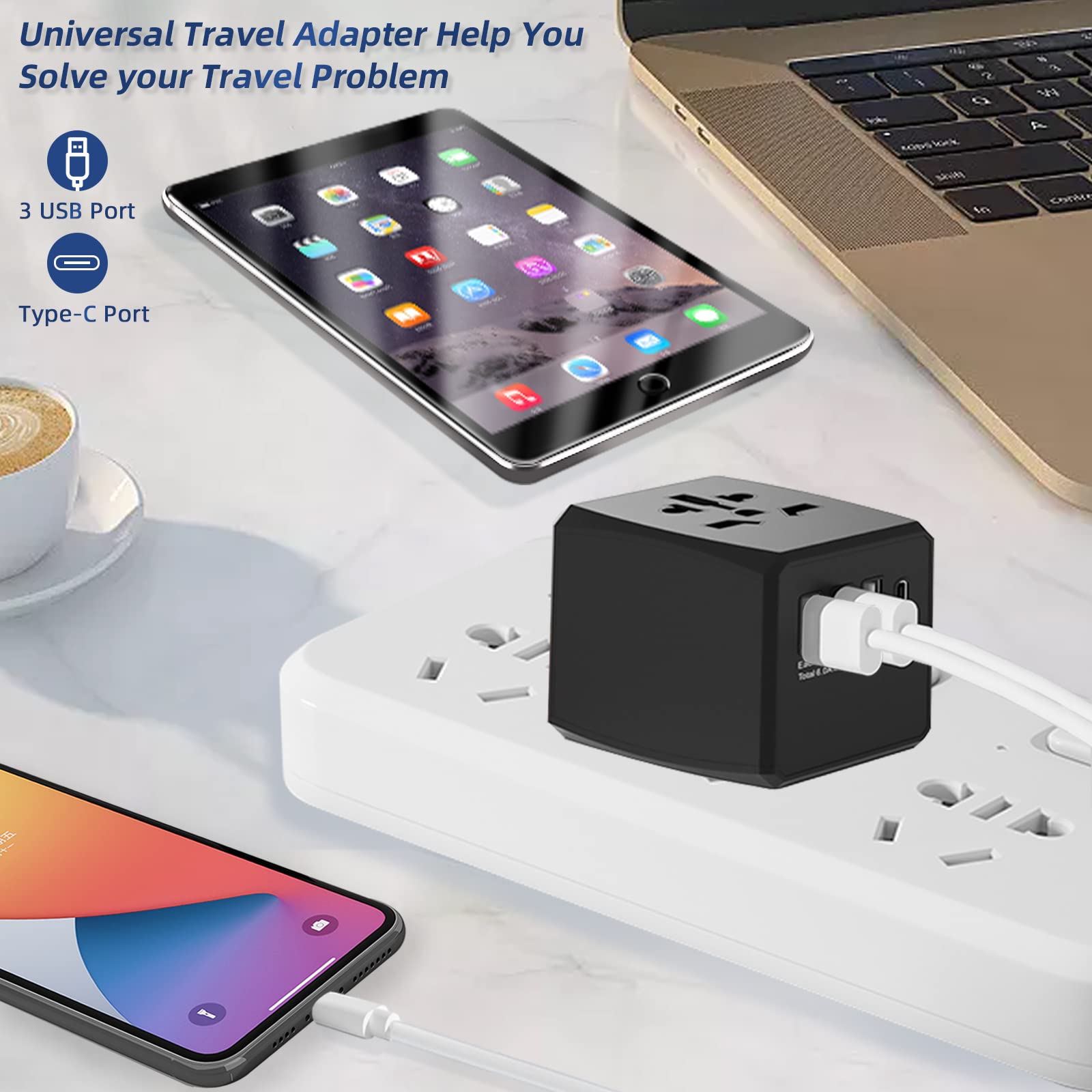 Universal Travel Adapter 3.5A High Speed 3xUSB+3A Type-C Port, International Power Adapter Max Power in 1920w for 240V AC