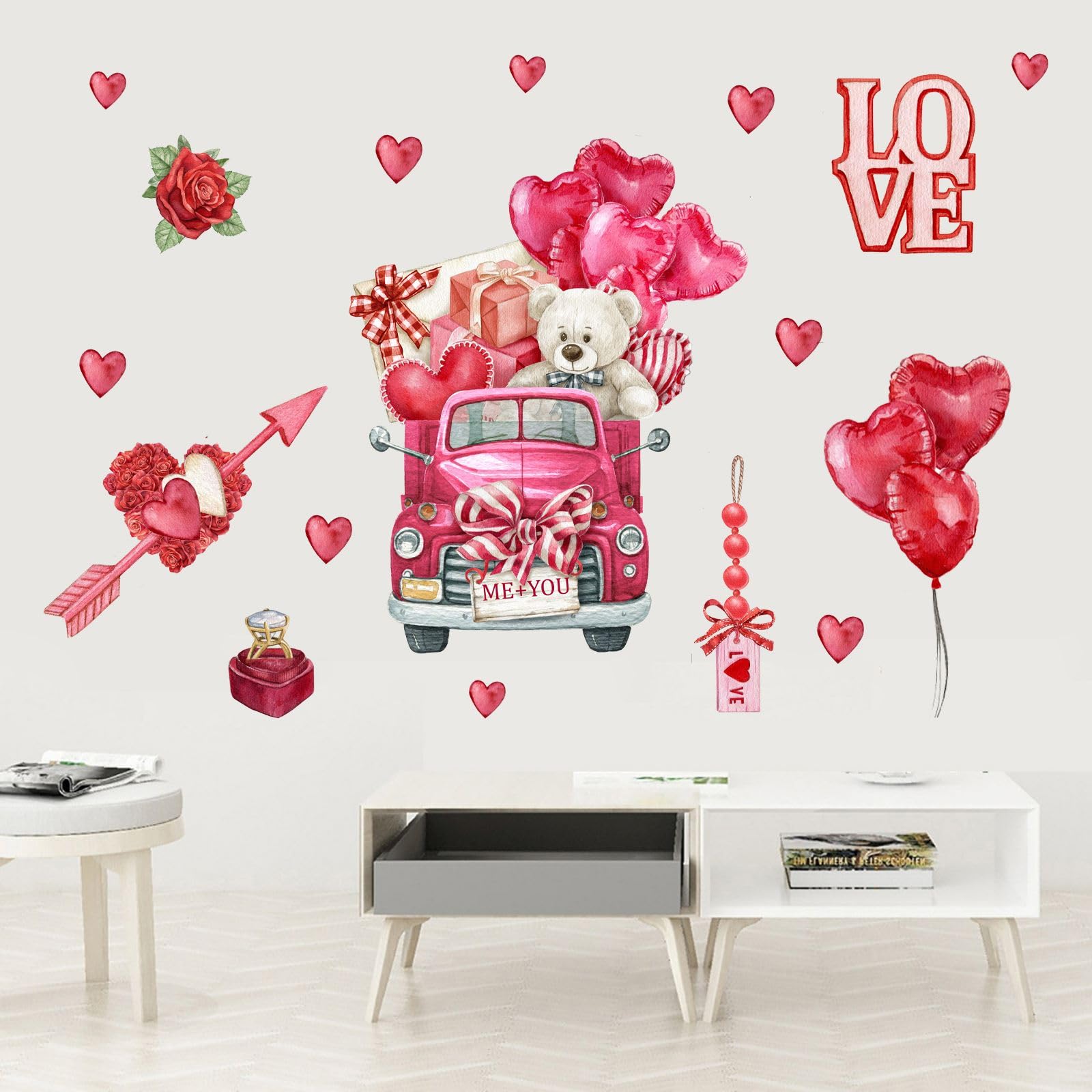 Valentine's Day Love Wall Decals Red Truck Balloon Window Clings Wall Stickers Rose Diamond Ring Romantic Decals Removable Peel and Stick Murals for Home Bedroom Living Room Wedding Anniversary Decor