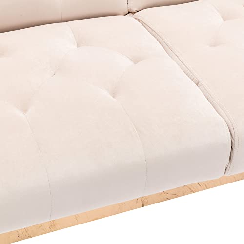 Woanke, Mid Century Velvet Fabric, Modern Folding, Convertible Futon Bed, Recliner Couch Accent Loveseat Sofa with Rose Gold Metal Feet, Beige