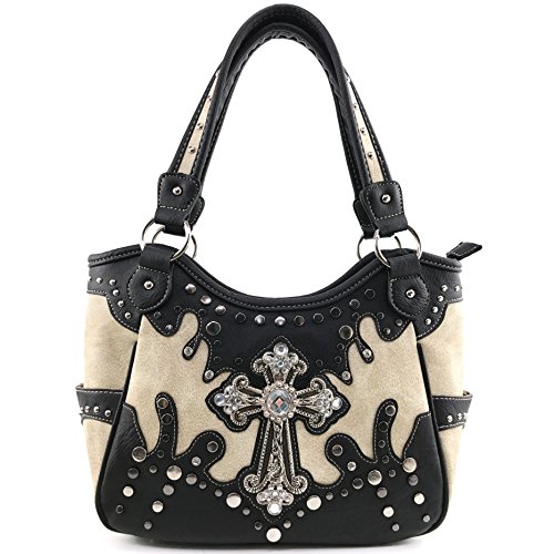 Justin West Cross Studs Concealed Carry Shoulder Handbag Tote Purse Crossbody Wallet (Beige Set)