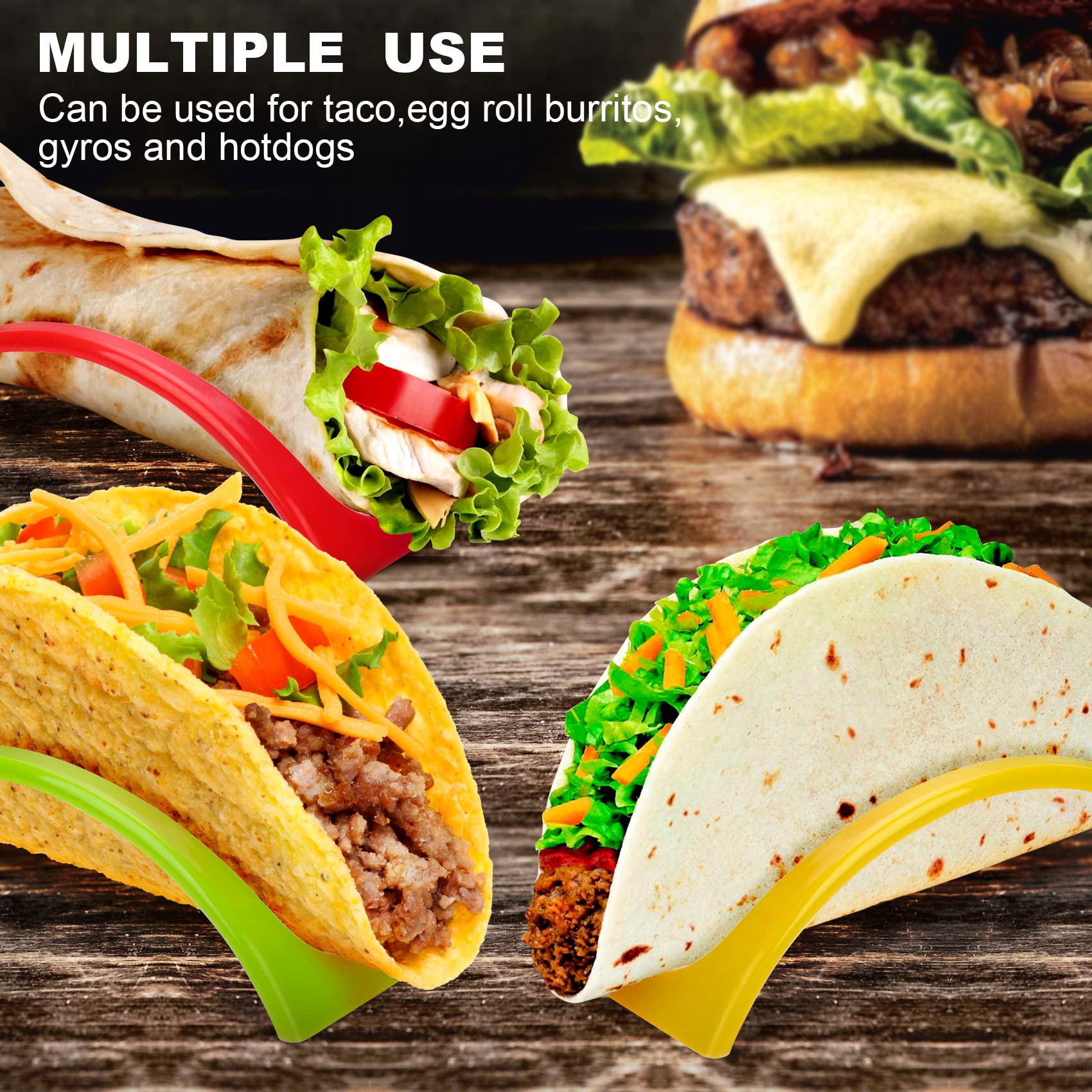 PAGOW 21pcs Taco Holder Stands, Hard Plastic Taco Shell Rack, Non Toxic BPA Free Taco Stand for Tortillas Burritos ( 3 Color: Red, Yellow, Green )