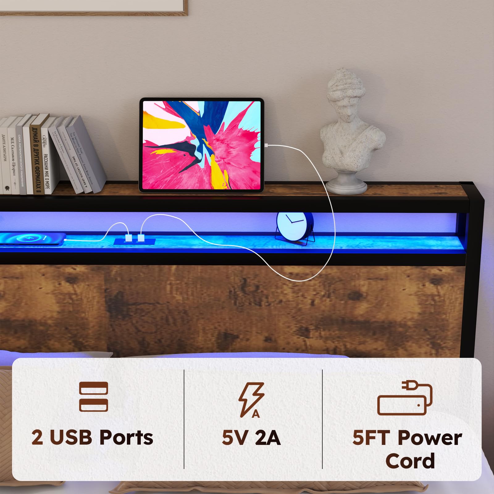 Kiivakii Queen Size Bed Frame with Headboard Storage, LED Platform Bed Built in USB Ports, Noise Free, Heavy Duty No Box Spring Needed, Rustic Brown