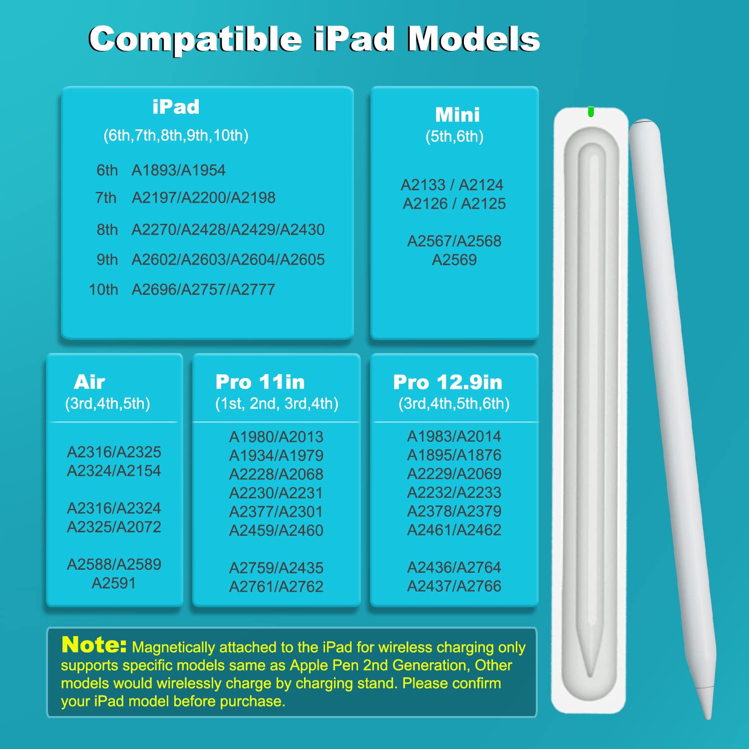 Wireless Charging Stylus Pen with Charger Stand, Active Pencil with Charger, Compatible with Pro11/12.9, 6/7/8/9/10, Air 3/4/5, Mini 5/6