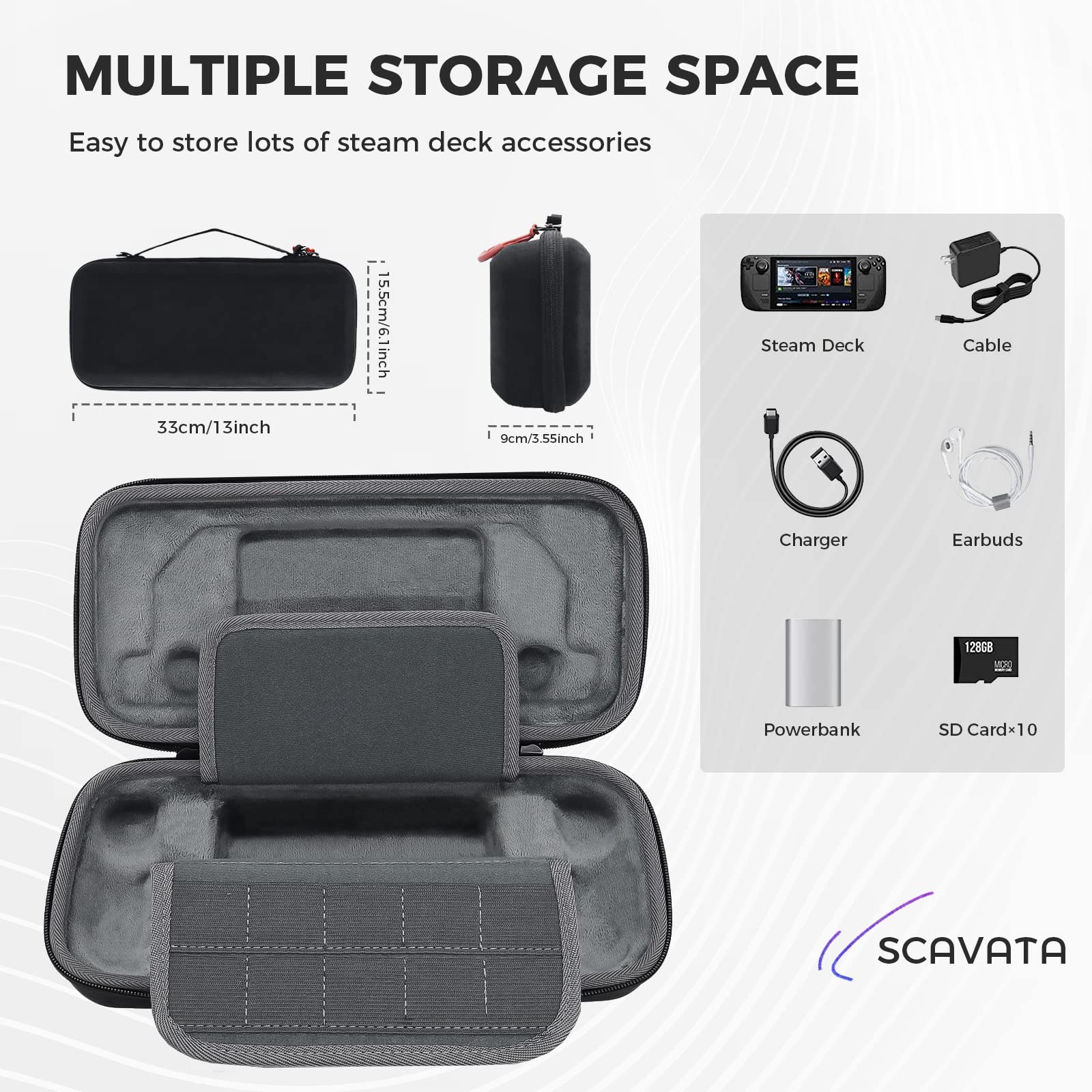 SCAVATA Carrying Case for Steam Deck, Portable Hard Travel Pouch Bag for Steam Deck Console & Accessories with Built-in AC Adapter Storage & Thumb Grips & Screen Protector