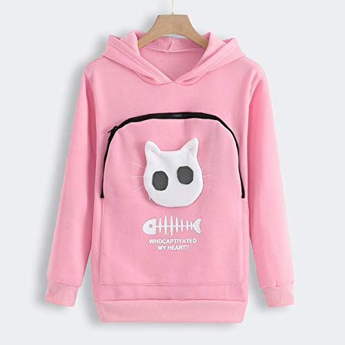 Women's Kitten Print Teen Hoodies Whdcaptiyated My Heart Solid Sweatshirts Cat Pouch Zipper Pet Carrier Sweatshirt Pink