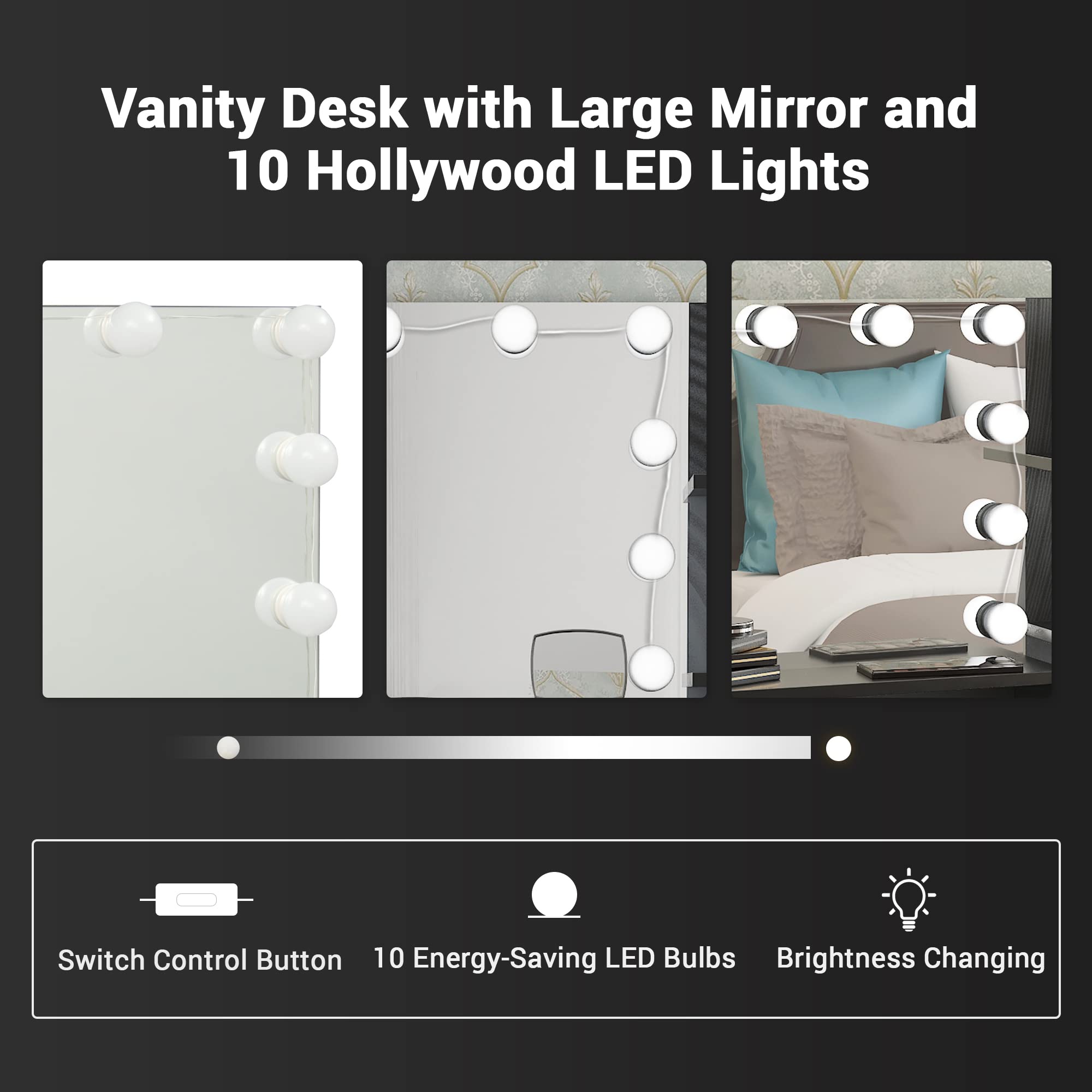 JOYSOURCE Large Vanity Set with 10 Light Bulbs, Black Makeup Vanity Table with Cushioned Stool, Vanity Desk with 3 Shelves & 1 Large Drawer & 1 Storage Cabinet, Dressing Table for Women, Girl, Bedroom