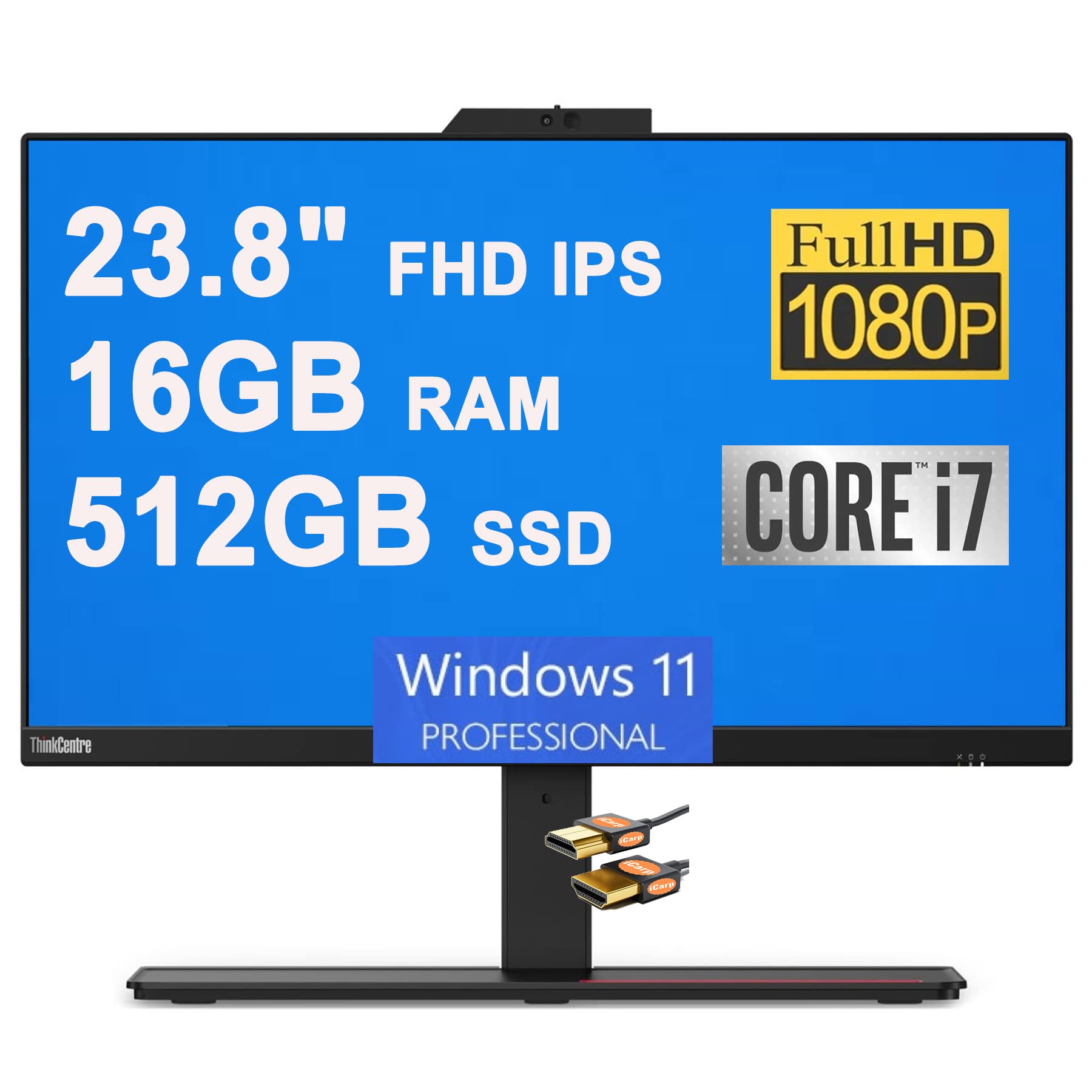 Lenovo ThinkCentre M90a 24 AIO Desktop Computer 23.8" FHD IPS Anti-Glare Display (72% NTSC) Intel Octa-core i7-10700 Processor 16GB RAM 512GB SSD USB-C 1080P Camera Win11Pro Black + HDMI Cable