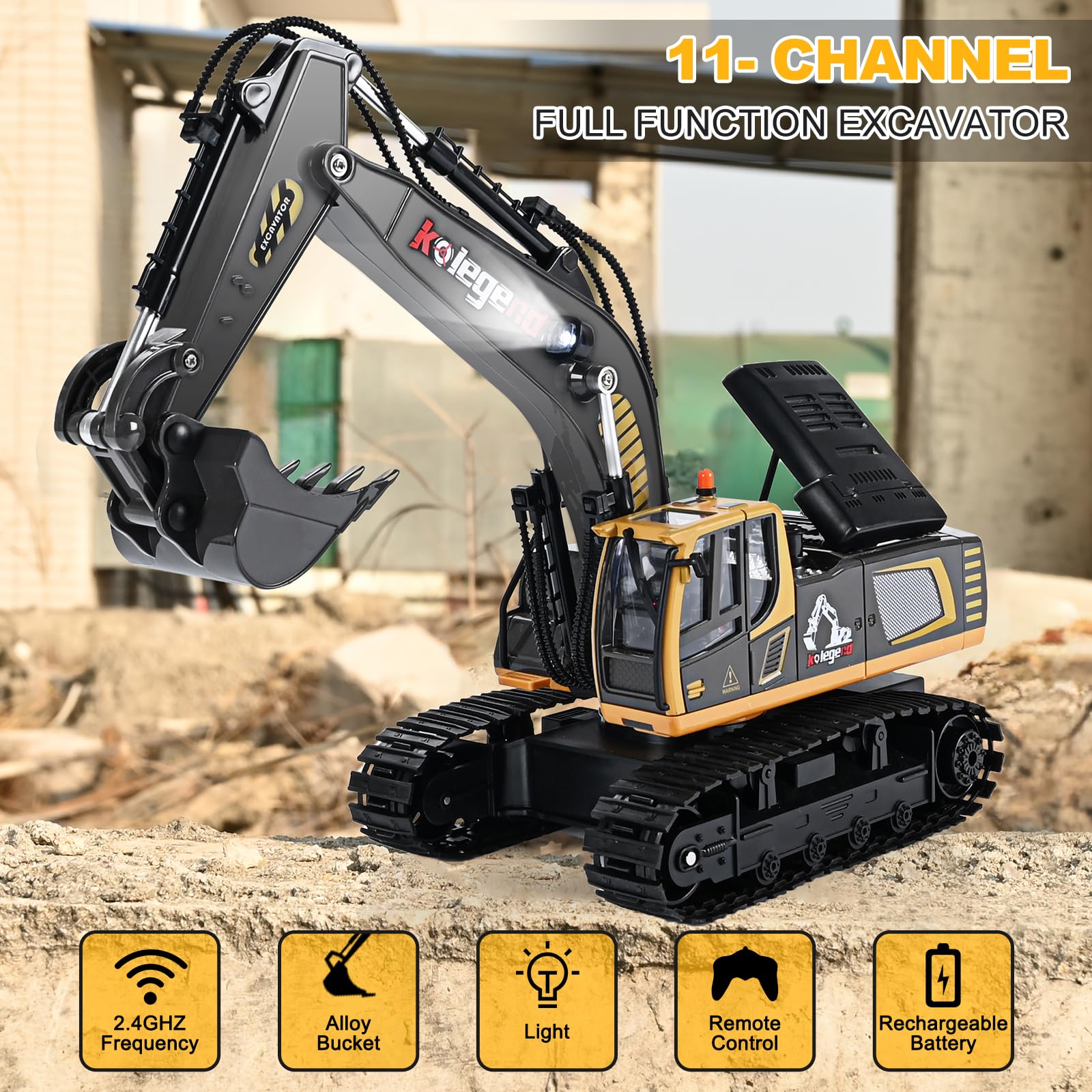 kolegend 3 in 1 Remote Control Excavator with Grab Drill Metal Shovel, 15 Channel Full Functional Construction Tractor, 1/14 Excavator Toy Truck RC Vehicles
