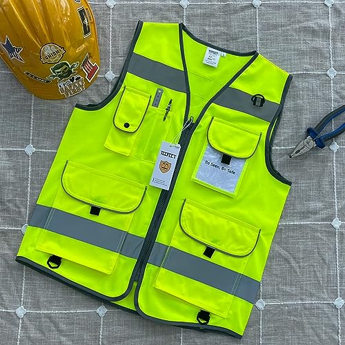 TCCFCCT High Visibility Vest 9 Pockets Reflective Safety Work Vest for Men Women, Hi Vis Construction Vest with Reflective Strips, Meets ANSI/ISEA Standards, (Yellow, Large)