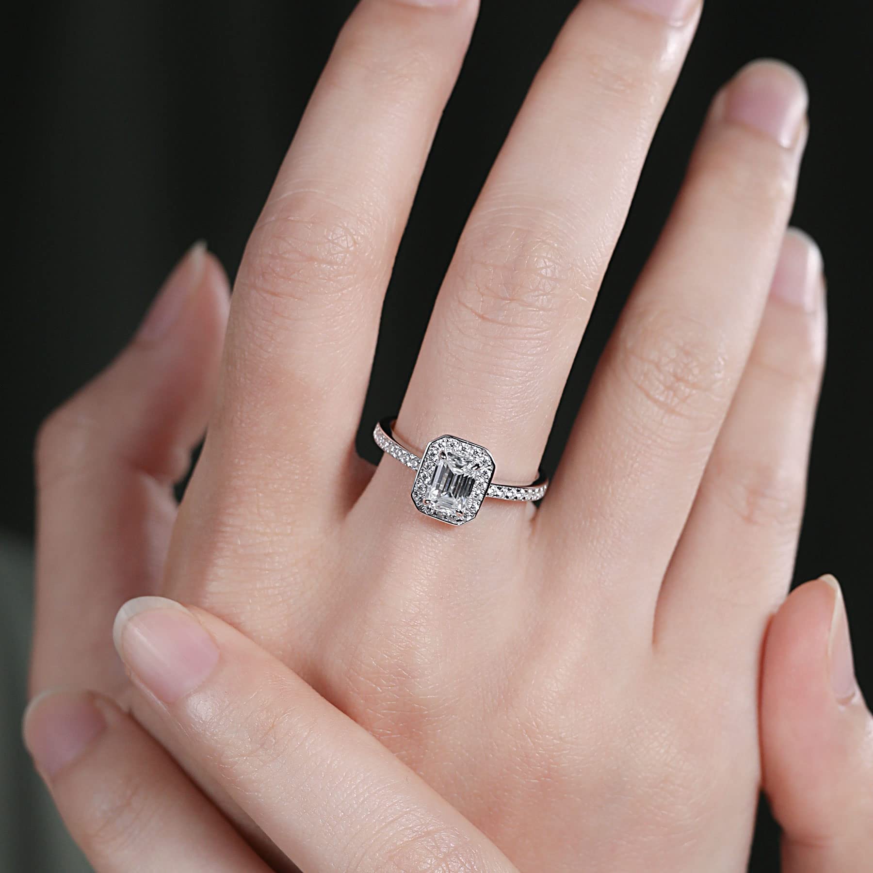 Moissanite Engagement Rings for Women Sterling Silver Solitaire Halo Lab Created Diamond Ring 1 Carat Emerald Cut White Gold Promise Ring for Her Size 6