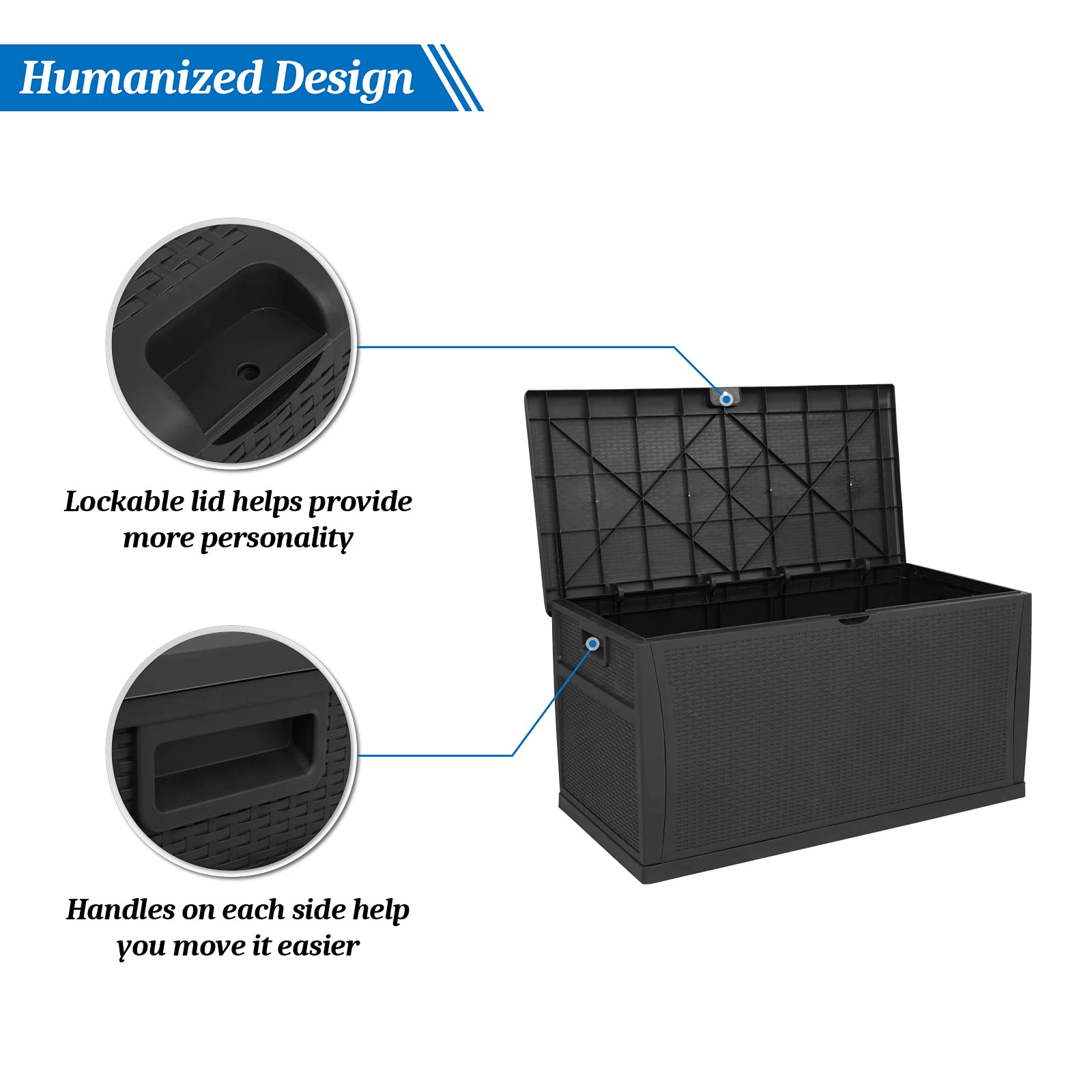VINGLI Upgraded 120 Gallon Outdoor Storage Box, Lockable Plastic Storage Containers with Lid, Rattan Grain Surface Deck Box Patio Furniture for Garden, Pool, Balcony, Yard (Black)