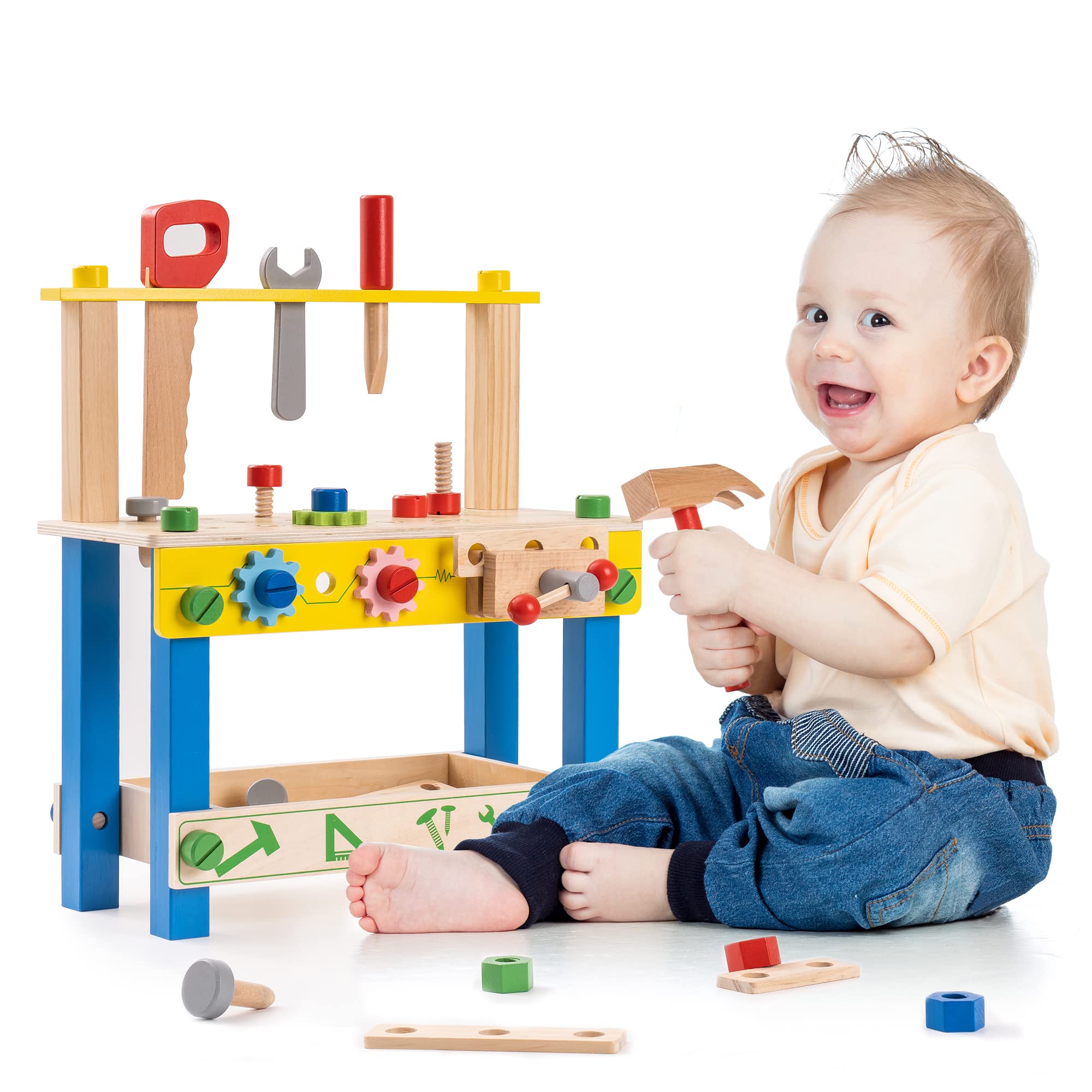 ROBOTIME Tool Workbench for Toddler Kids Toy Play Tool Bench Wooden Small Tool Workbench Workshop Educational Pretend Play Wood Construction Toys Gift for 2 3 4 5 Years Old Boys Girls (Blue)