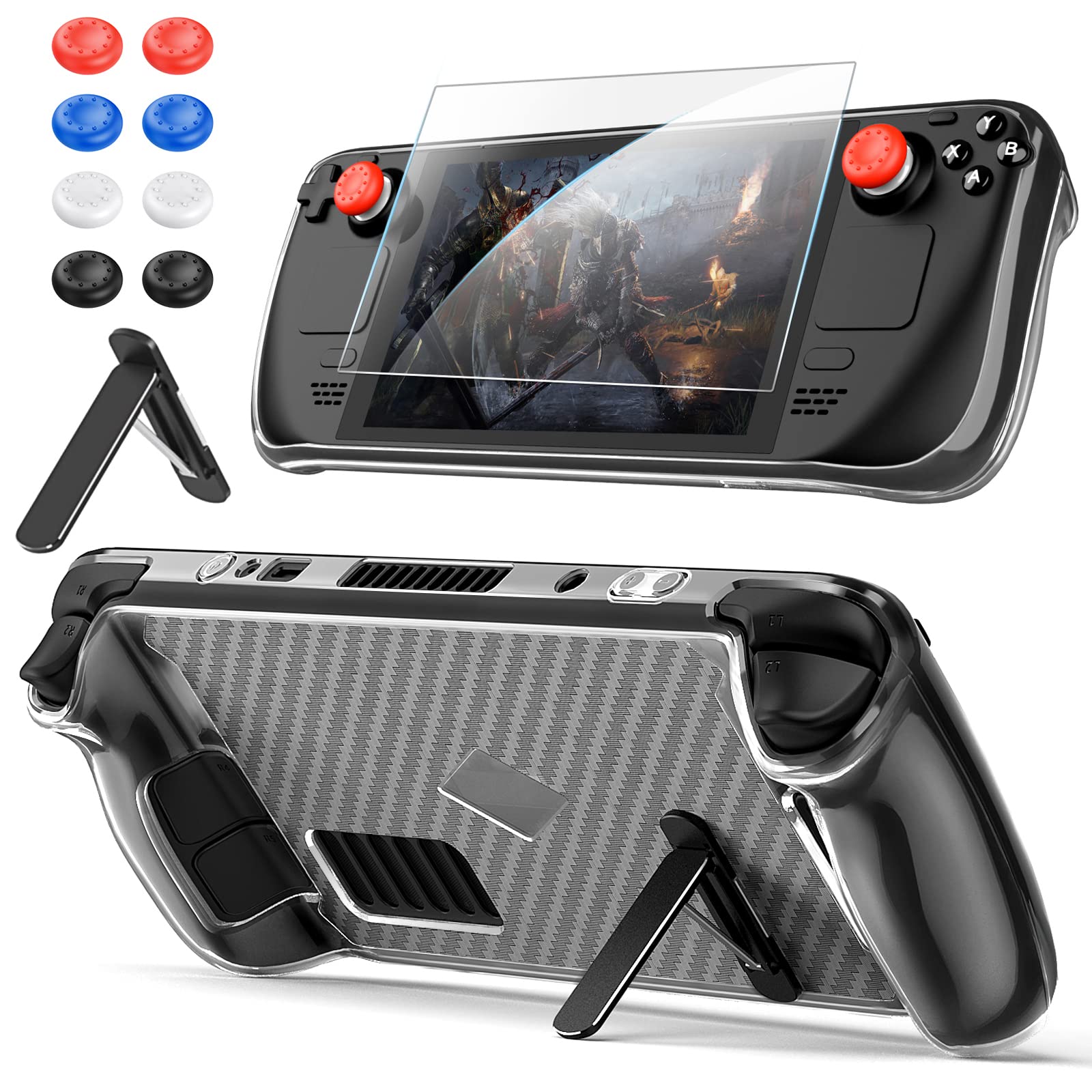 Protective Case for Steam Deck, YUANHOT Soft TPU Cover Protector Accessories Kit with Alloy Adjustable Stand, Screen Protector, Thumb Grips for Steam Deck