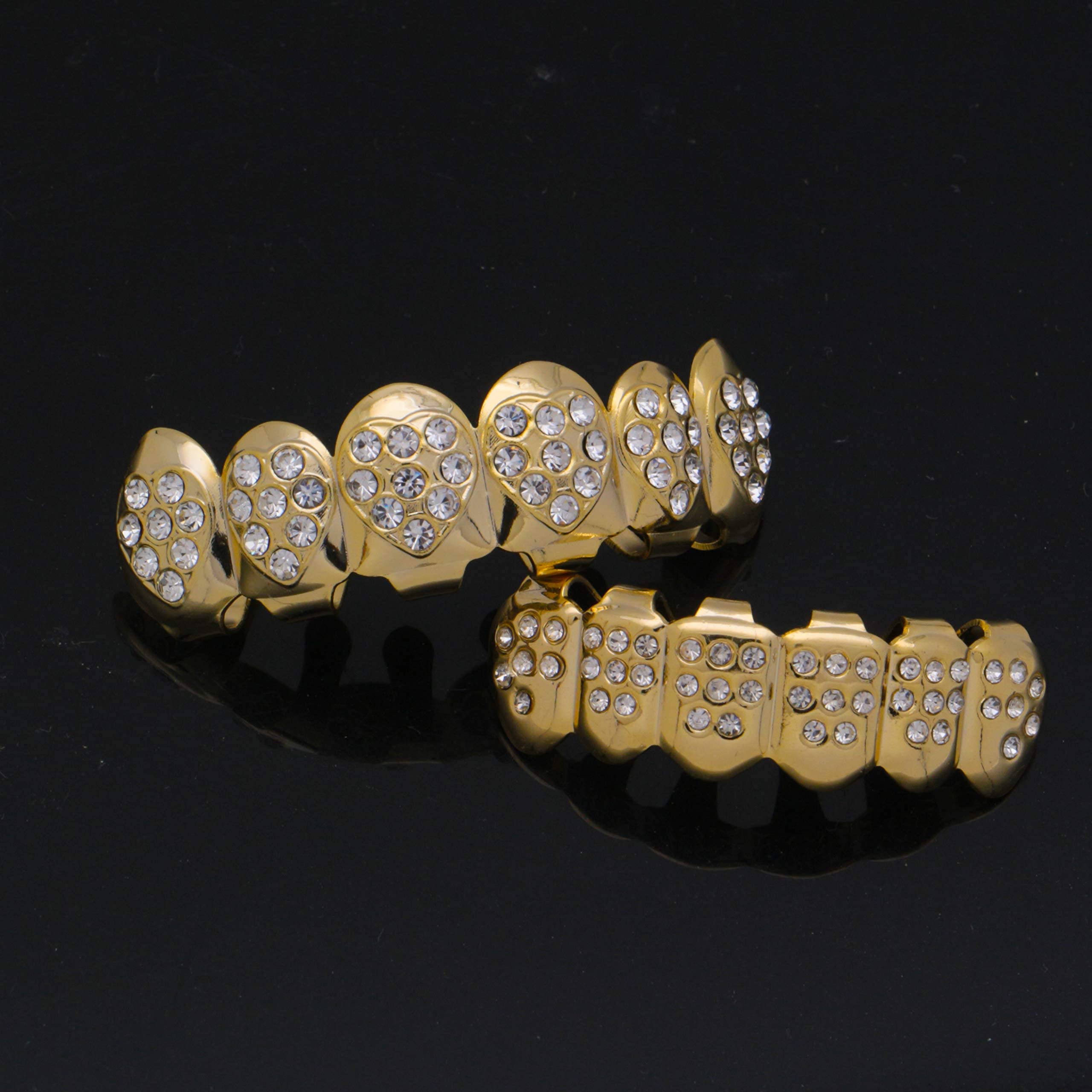 LuReen 14K Gold Heart Diamond Grillz for Men Women Top and Bottom Teeth Grillz +2 Extra Molding Bars