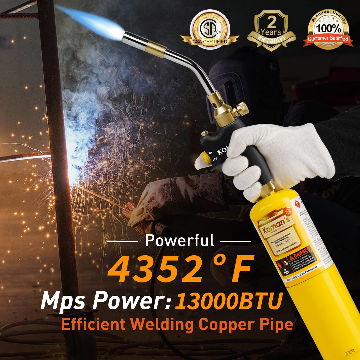 KOMAN Propane Torch Head Kit with 3 Nozzles, High Intensity Trigger Start MAPP Gas Torch with Self Ignition, Welding Torch Head by MAPP, MAP/PRO,for Soldering,Brazing,Stripping Paint(CSA Certified)