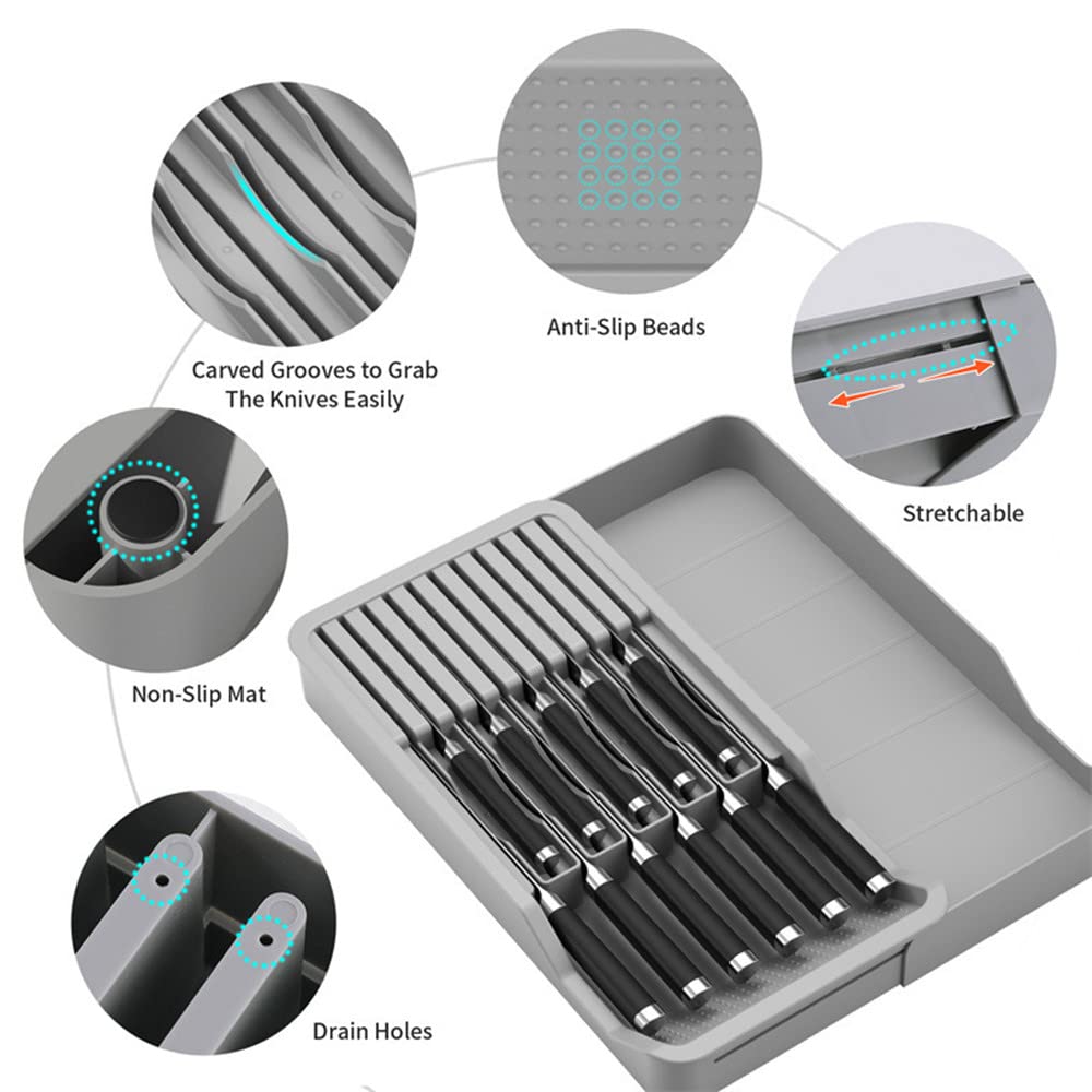 RIIPOO Knife Organizer Drawer Insert, Retractable Knife Storage Drawer, Knife Block Holder with Expandable Organizer Storage Tray for Kitchen Countertop