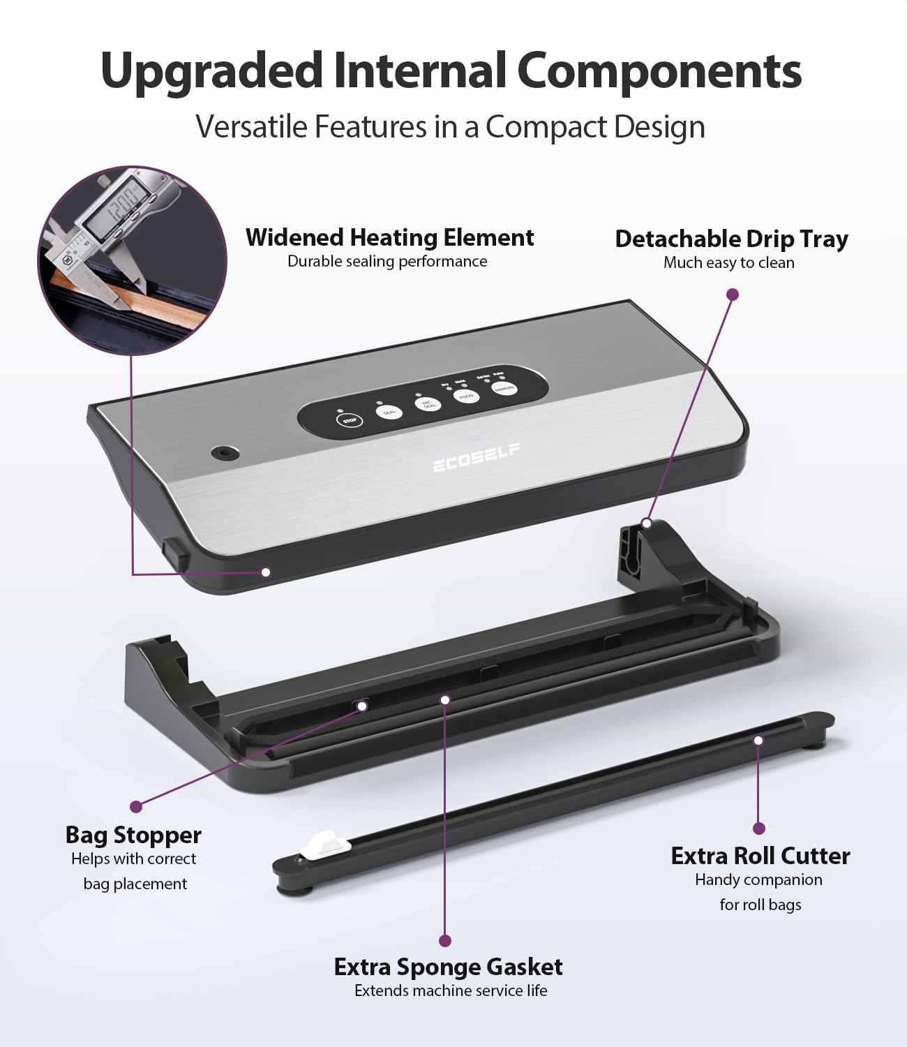 Vacuum Sealer Machine, with 8-in-1 Function& Detachable Tray& Cutter& 10 Bags, Food Vacuum Sealer Saver Machine for Food Storage & Sous Vide,Automatic Sealing Machine,EXT-VAC,Stainless Steel