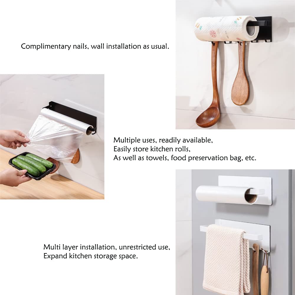 Magnetic Paper Towel Holder for Refrigerator with 5 Hooks, Retractable Kitchen Towel Rack with Strong Magnet,Black Magnetic Towel Holder for Refrigerator,Grill,Kitchen,Fridge,Garage
