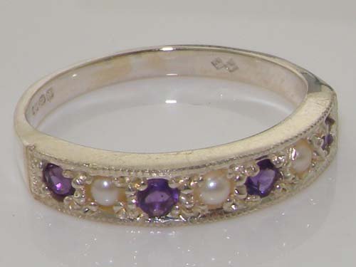 LetsBuyGold 925 Sterling Silver Cultured Pearl and Amethyst Womens Band Ring - Sizes 4 to 12 Available
