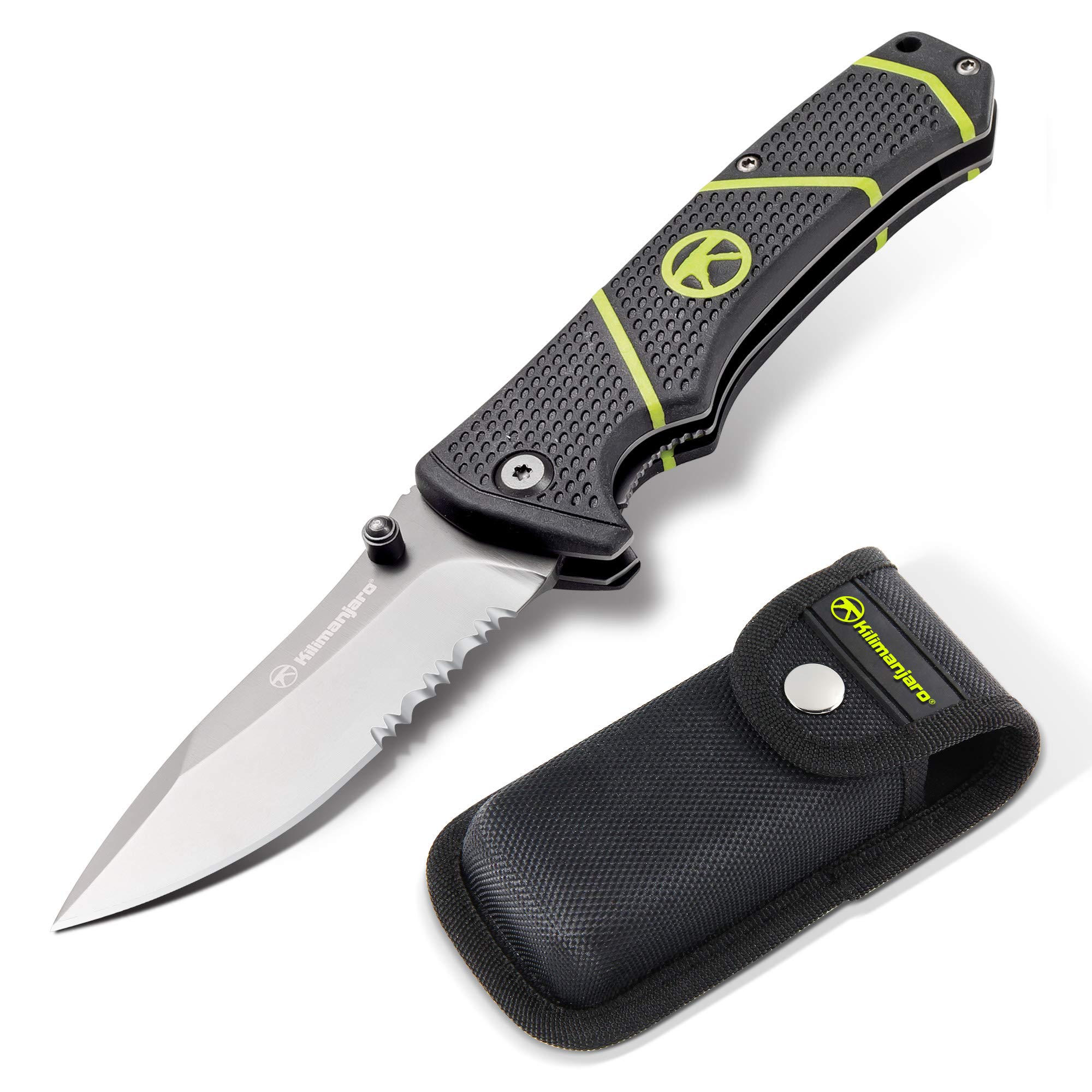 Kilimanjaro Drop Point Folding Knife, Pocket Knife for Outdoors, Camping, Hunting, Fishing, Serrated Blade, Kibo Black 910092