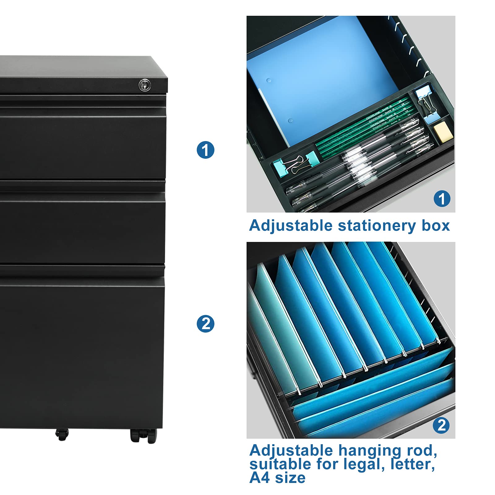 PALFISH 2-Drawer File Cabinet with Lock, Metal Filling Cabinets Suits Legal/Letter Size for Home Office, Fully Assembled Except Wheels, Grey (2-Drawer Widen, Black)