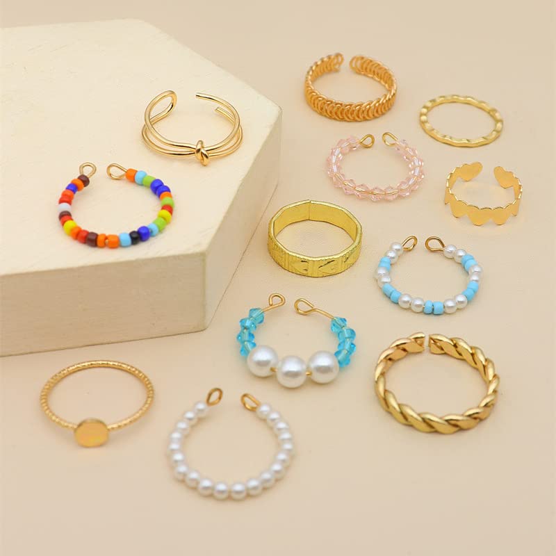 lianiser 12pcs Gold Knuckle Pearl Beaded Crystal Chain Adjustable Stackable Rings Sets for Teens Girls Women, Boho Retro Minimalist Heart Twist Cirlcle Wave Finger Nail Multiple Rings Pack