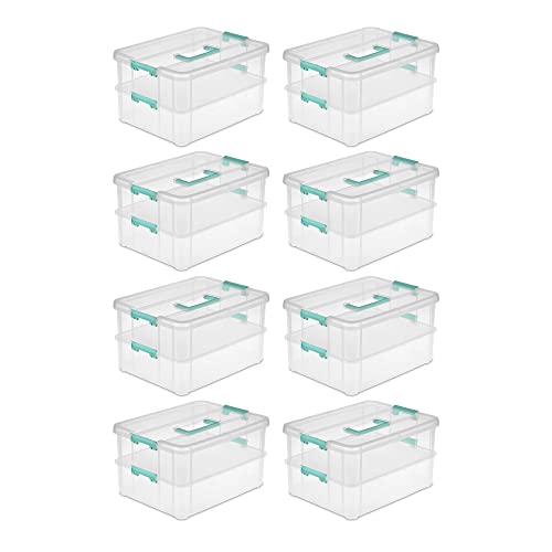 Sterilite Stack and Carry 2 Layer Handle Box, Stackable Plastic Small Storage Container with Latching Lid, Bin to Organize Crafts, Clear, 8-Pack