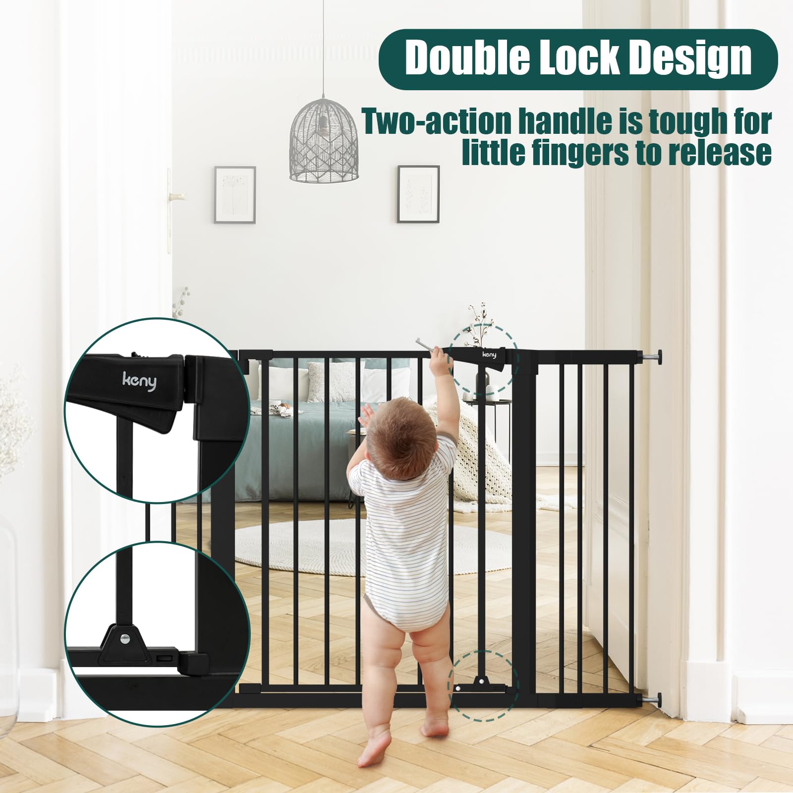 keny 30"-40.5" Baby Gate for Stairs, Auto Close Dog Gate with 21.1" Large Opening Walk Thru Door, Pressured Mounted Easy Install Pet Gate, 30" Tall, Grey