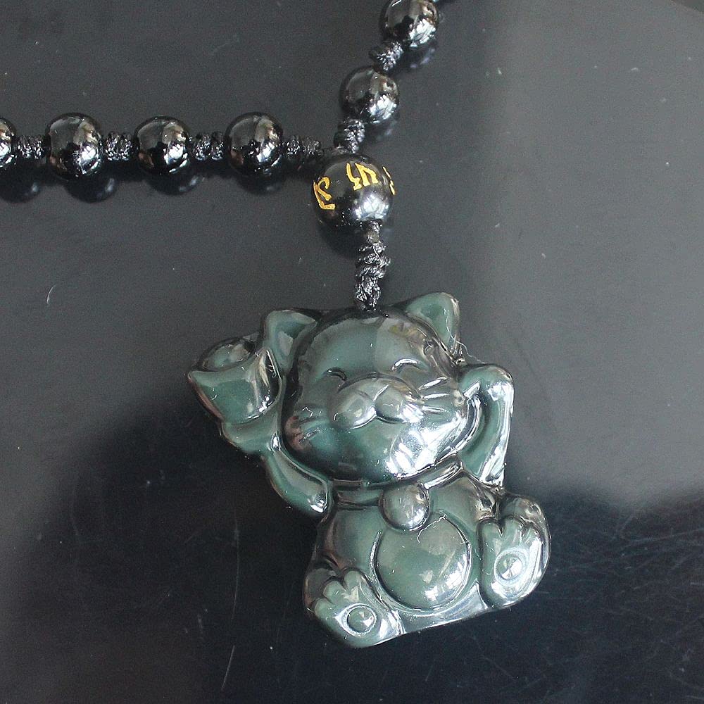 Natural rainbow Obsidian crystal Fortune lucky cat Necklace Amulet pendant bead with adjustable bead chain for Women or Men