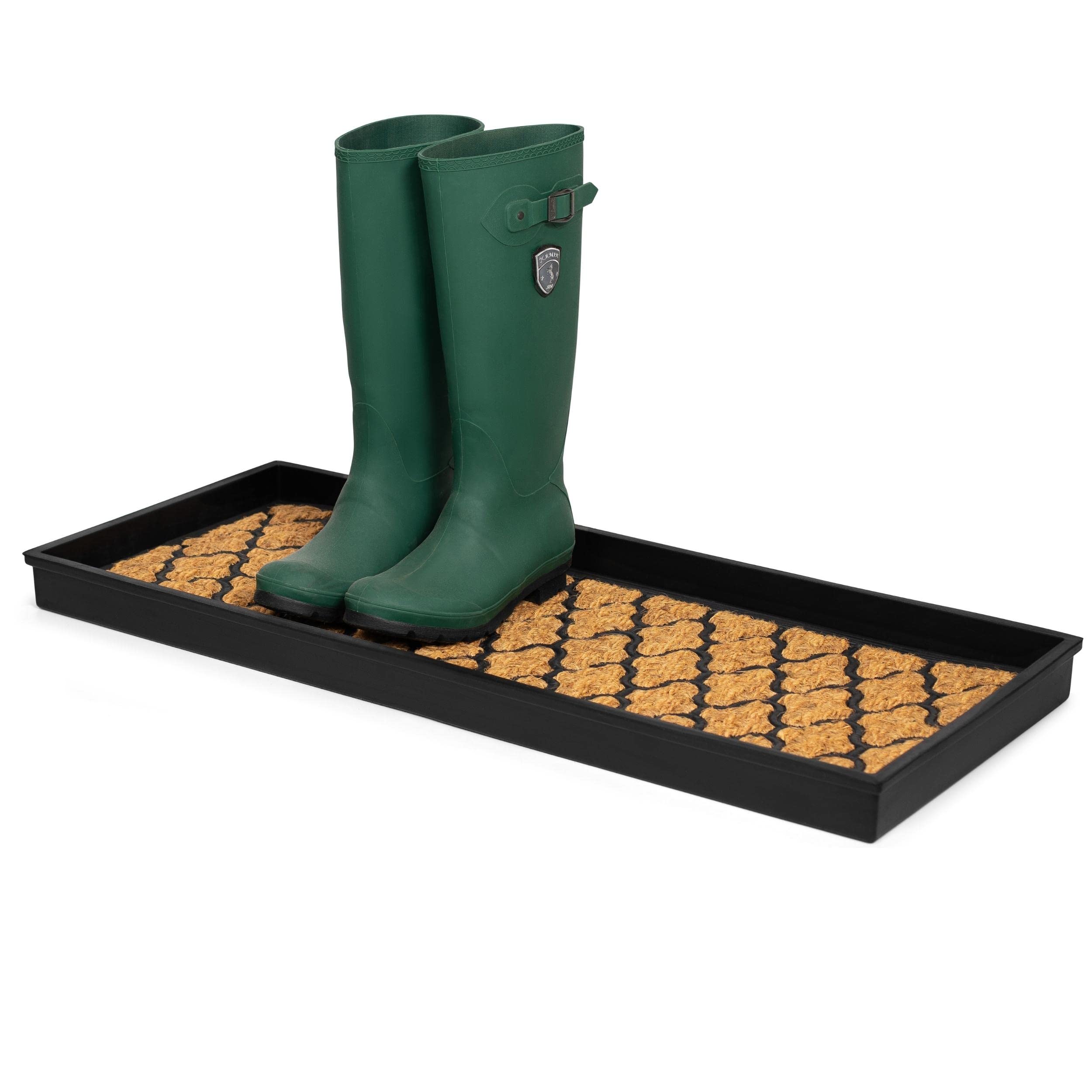 Rubber Boot & Shoe Tray | Coir Insert | 34" x 14" | Waterproof Shoe Tray for entryway | Trellis Pattern