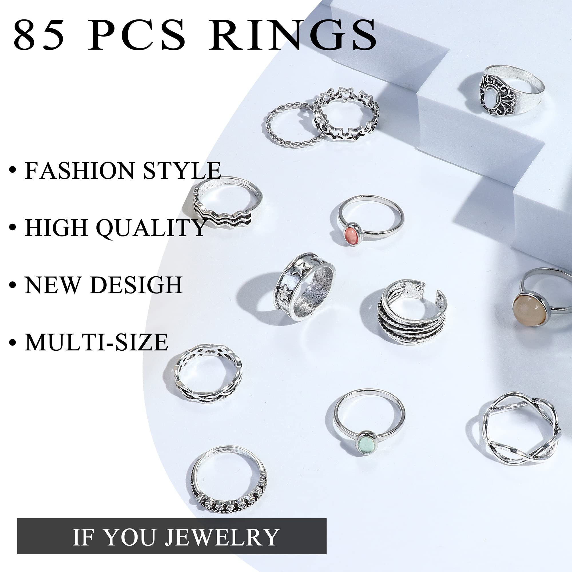 Sanfenly 85Pcs Silver Knuckle Rings Set for Women, Vintage Boho Punk Cross Butterfly Chain Finger Rings Stackable Rings Midi Rings Crystal Joint Finger Rings Pack