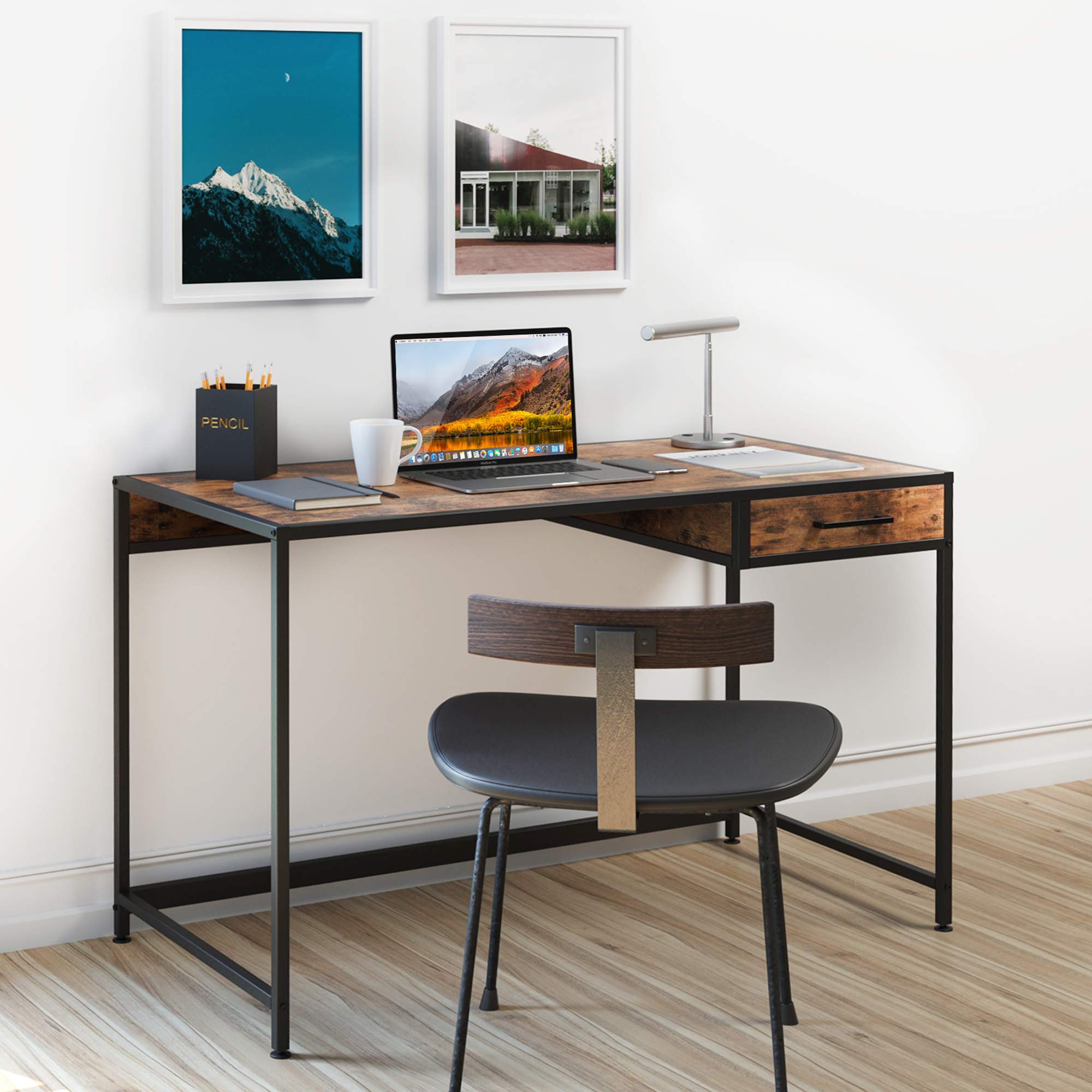IRONCK Computer Desk, 47" Writing Desk with Drawers, Simple Small Desk for Home Office, Easy to Assemble, Retro Brown