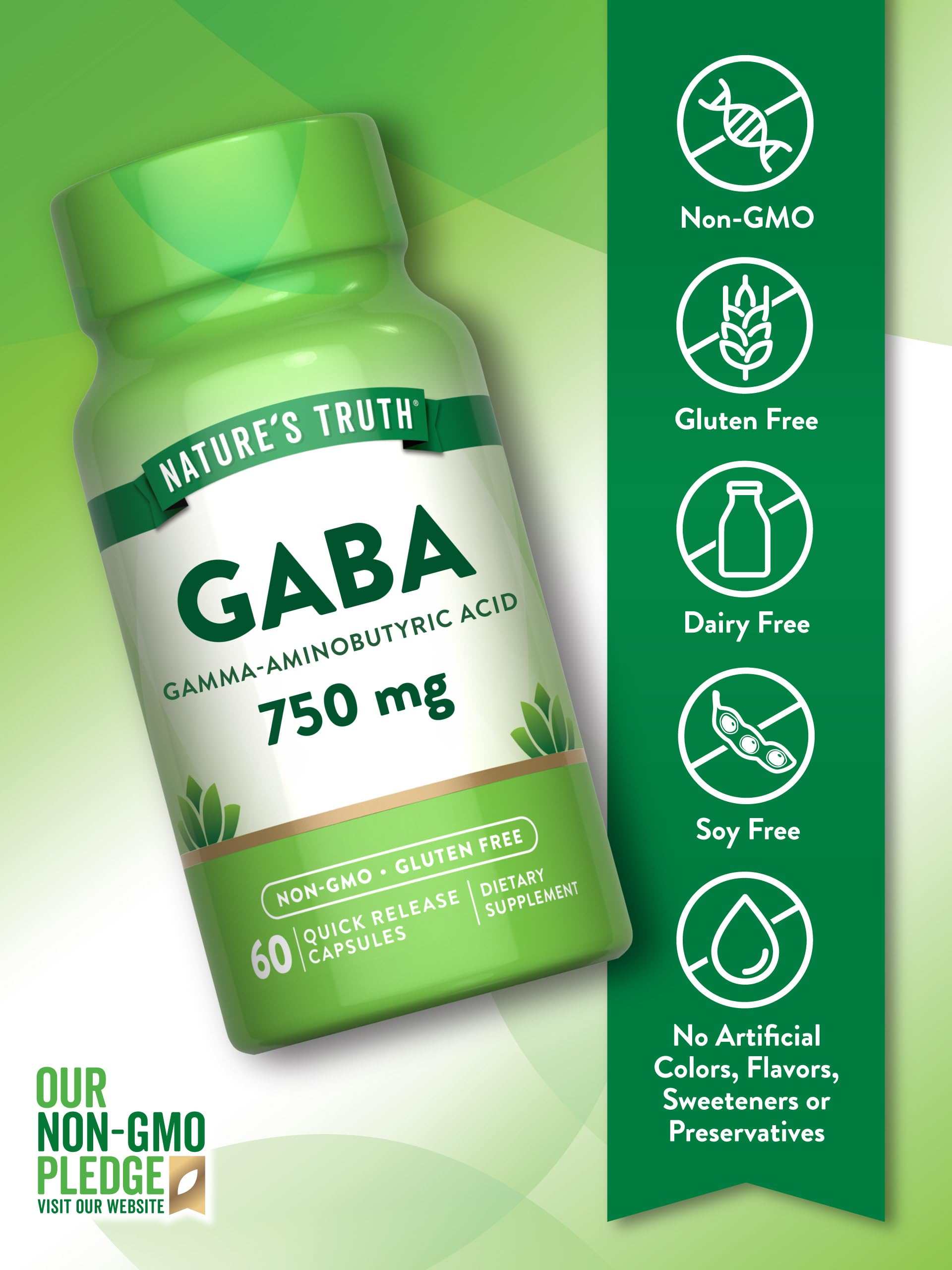 Nature's Truth GABA 750mg | 60 Capsules | Gamma Aminobutyric Acid Supplement | Non-GMO & Gluten Free Supplement