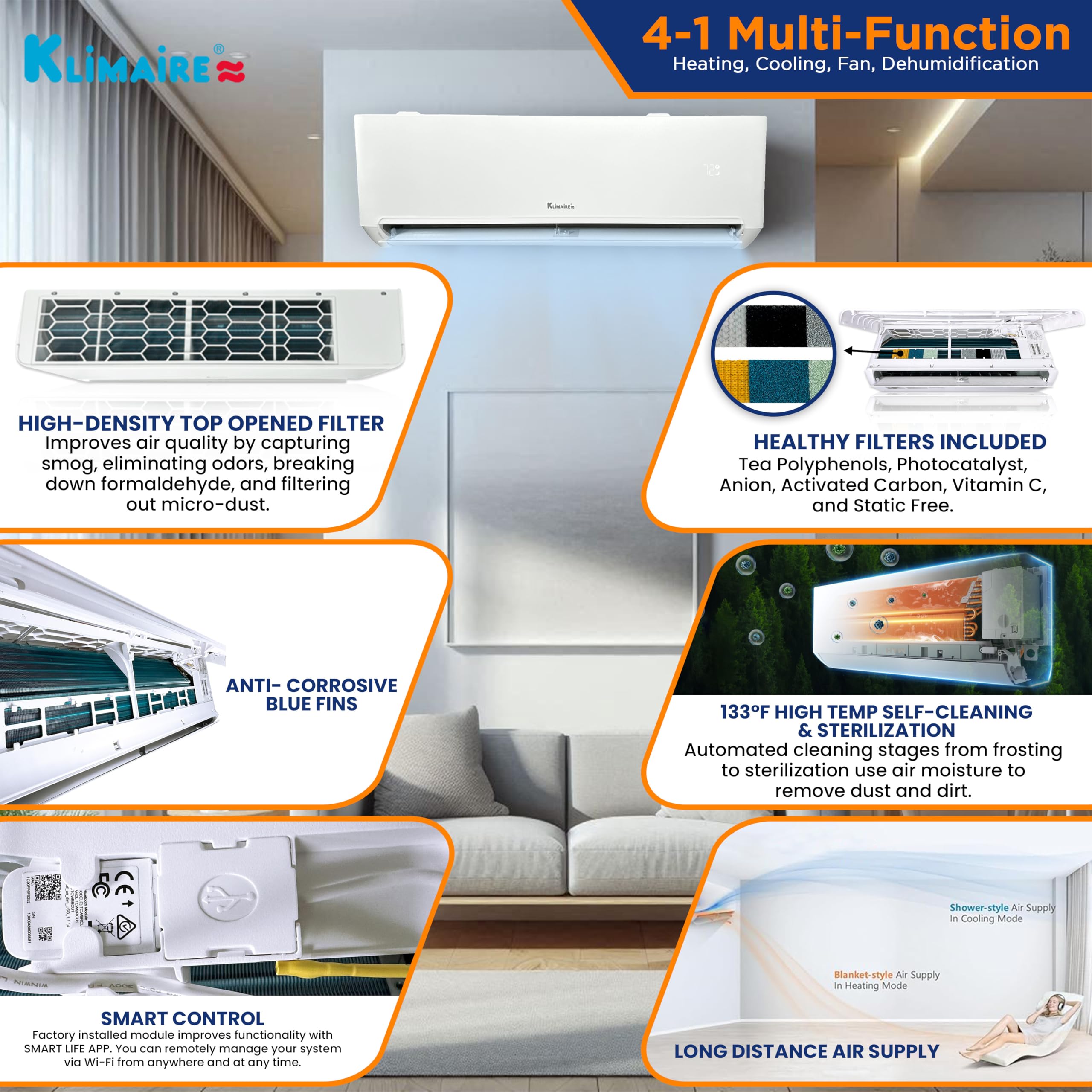Klimaire 36,000 BTU 19 SEER2 Wall Mounted Ductless Mini Split Inverter A/C Heat Pump System w/ 16β Installation Kit & Wall Mounting Bracket 230V