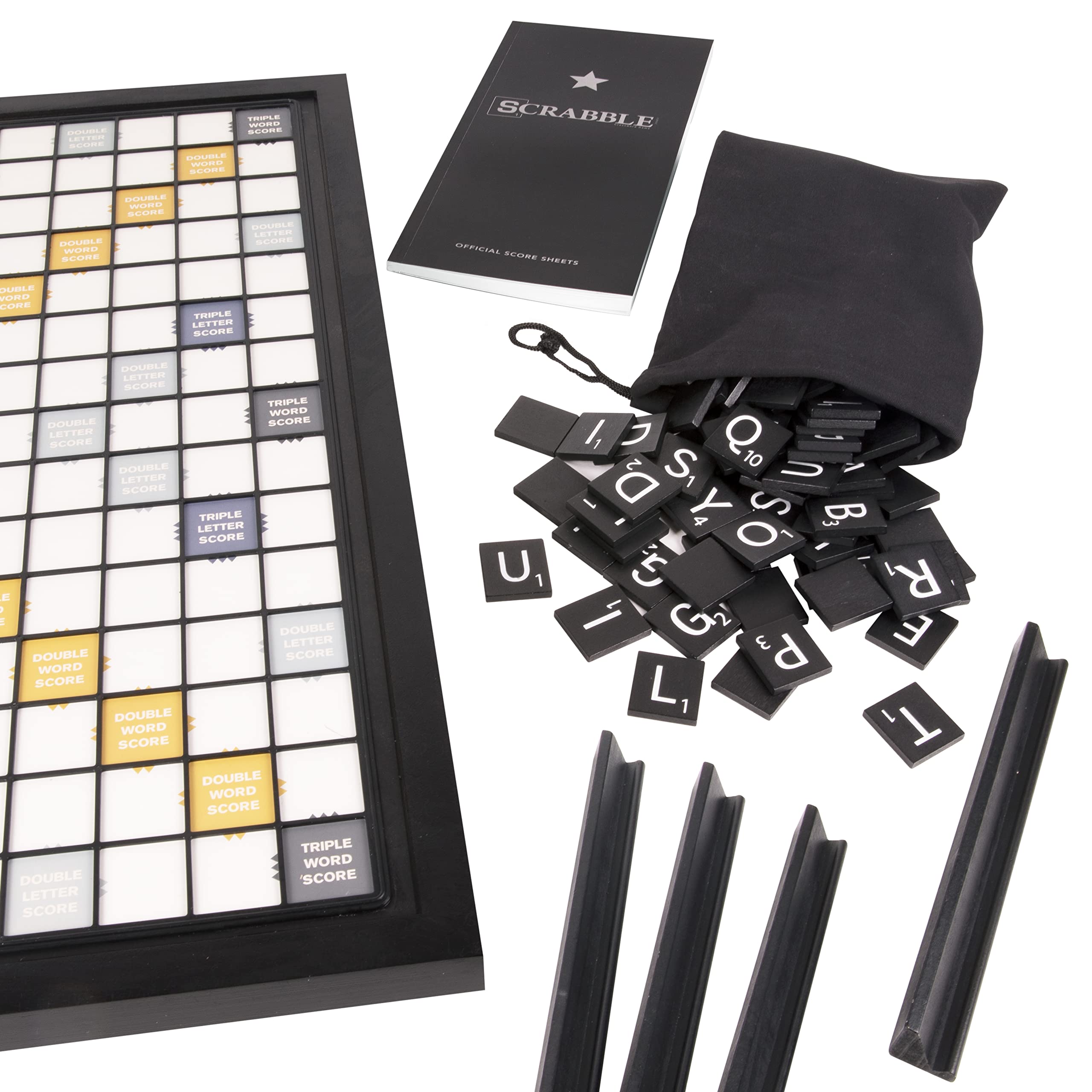 Scrabble Deluxe Black Edition Board Game with Rotating Wooden Deluxe Turntable High End Scrabble Board Game - Scrabble Game Rotating Board Adults - Deluxe Edition Large Tiles Luxury
