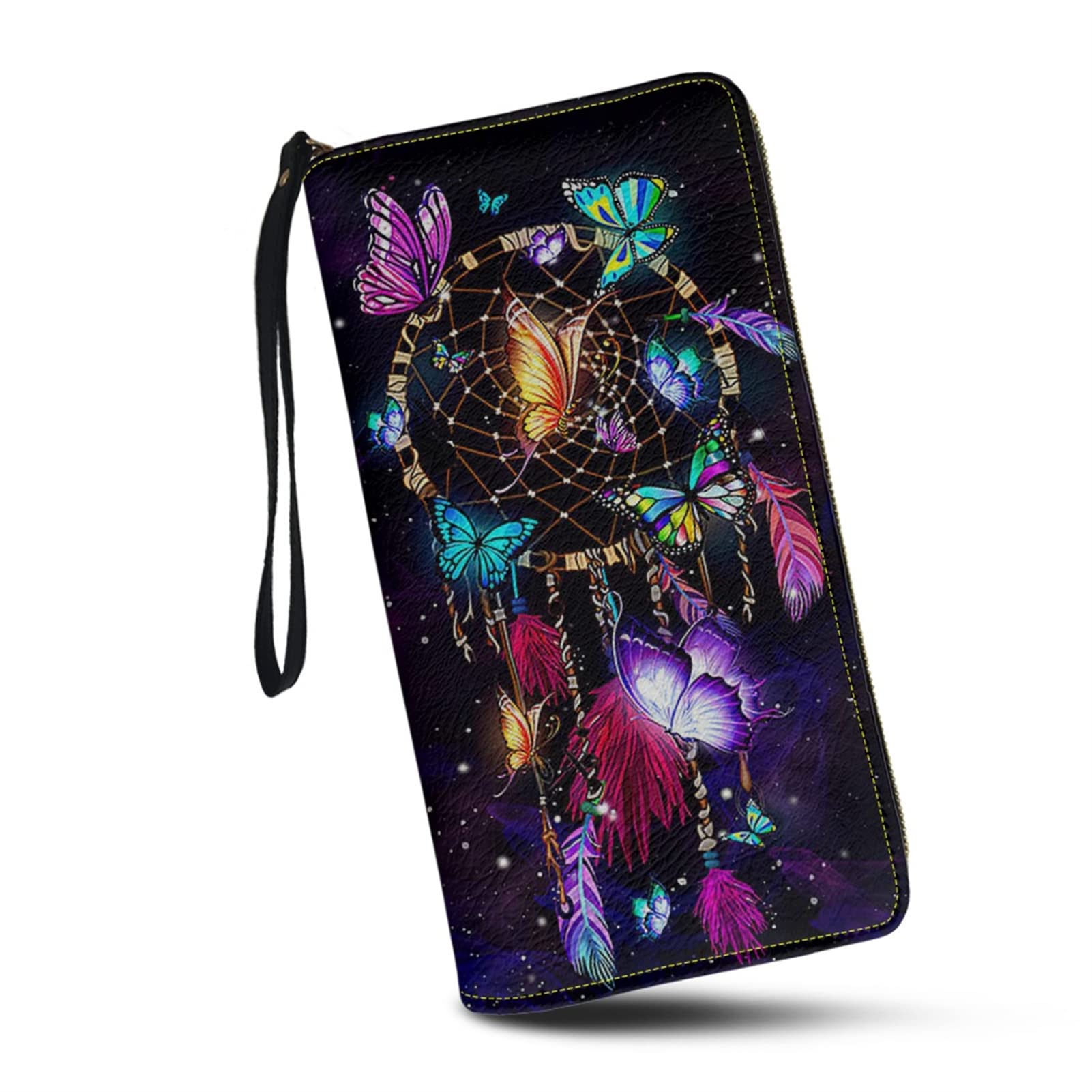 SCRAWLGOD Long Wristlet Wallets for Women's Galaxy Dreamcatcher Butterfly Print Leather Around Zipper Purse Organize