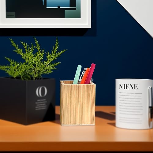 ZUFECY DIY Wooden Pen Holder Desk, Pencil Cup Makeup Brush Holder, Desktop Organizer Storage Case Stationery for School Home Office Supplies (Square)