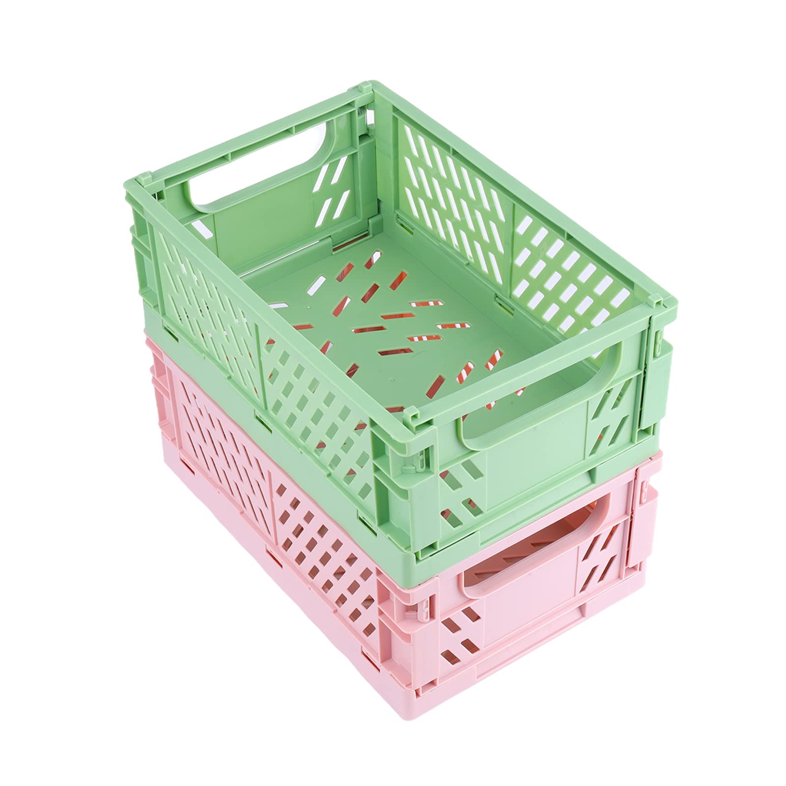 KINBOM 2 x Plastic Storage Baskets, Foldable Plastic Baskets, Light Colour Pastel Crate Desk Organizer for Bedroom, Bathroom, Home Office (25 x 16.5 x 9.7 cm)