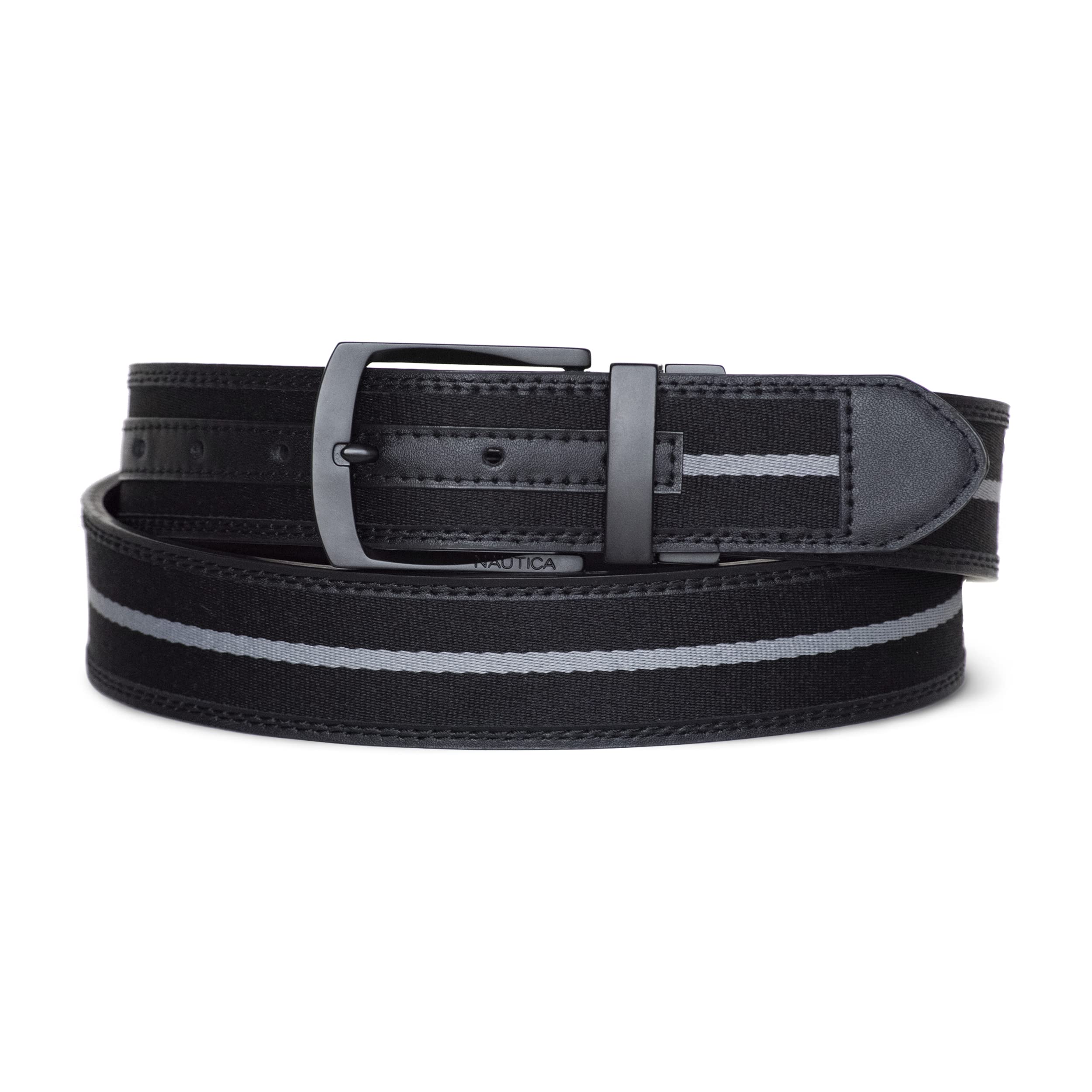 Nautica Men Reversible Casual and Dress Belts with Metal Buckle, Signature Logo-Black Ribbon/Leather, 34"