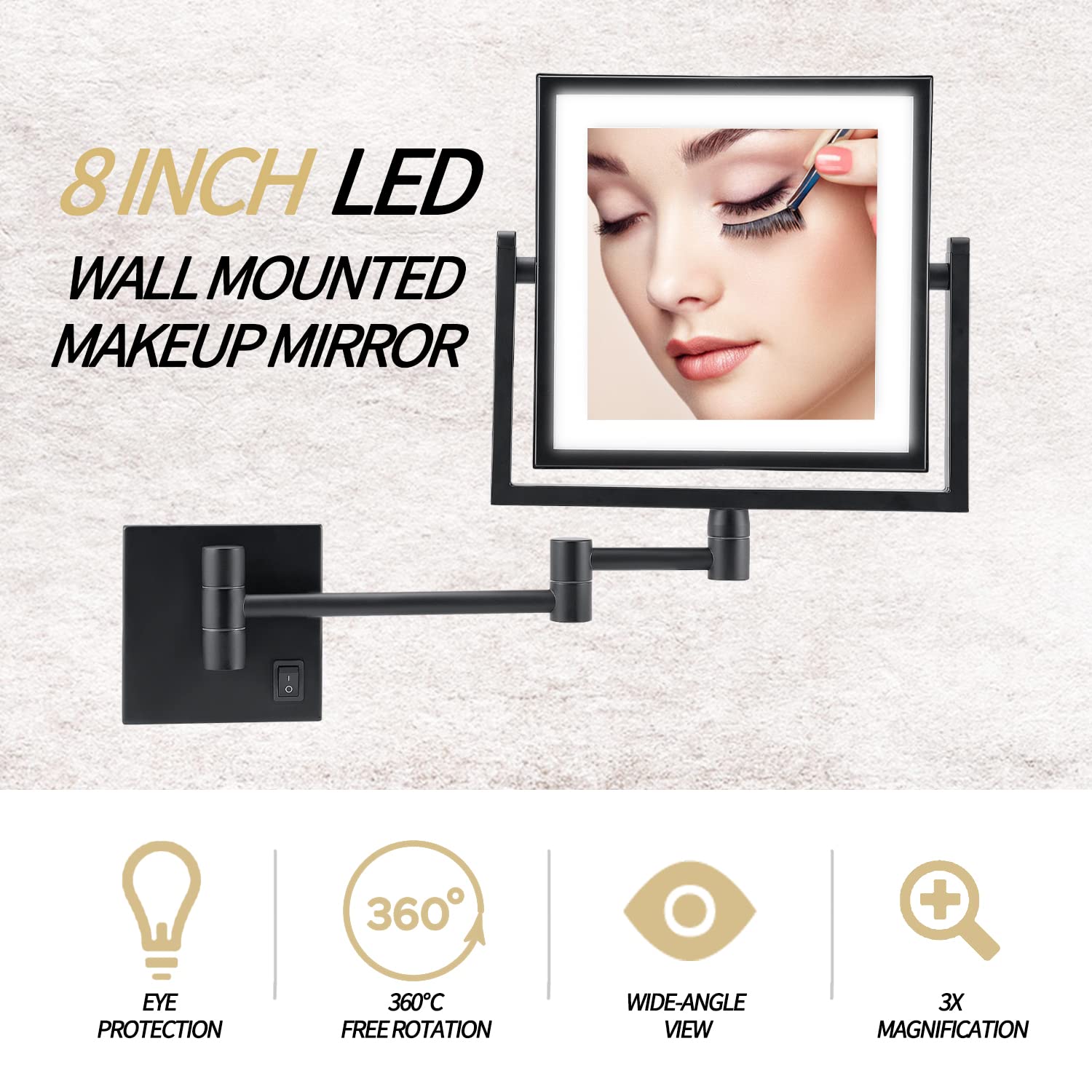 Wall Mounted Lighted Makeup Mirror, 8 Inch 1X/3X Magnifying Vanity Mirror, Double Sided Bathroom Mirror with LED Lights, 360°Swivel, Extend, Retractable Shaving Light up Mirror (Black)