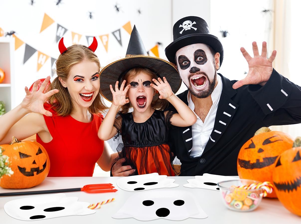 TWOWYHI 50Pcs Halloween White Ghost Paper Plates Disposable White Ghost Shaped Dessert Dinner Plates for Halloween Themed Party 9.8 x 8.7Inch