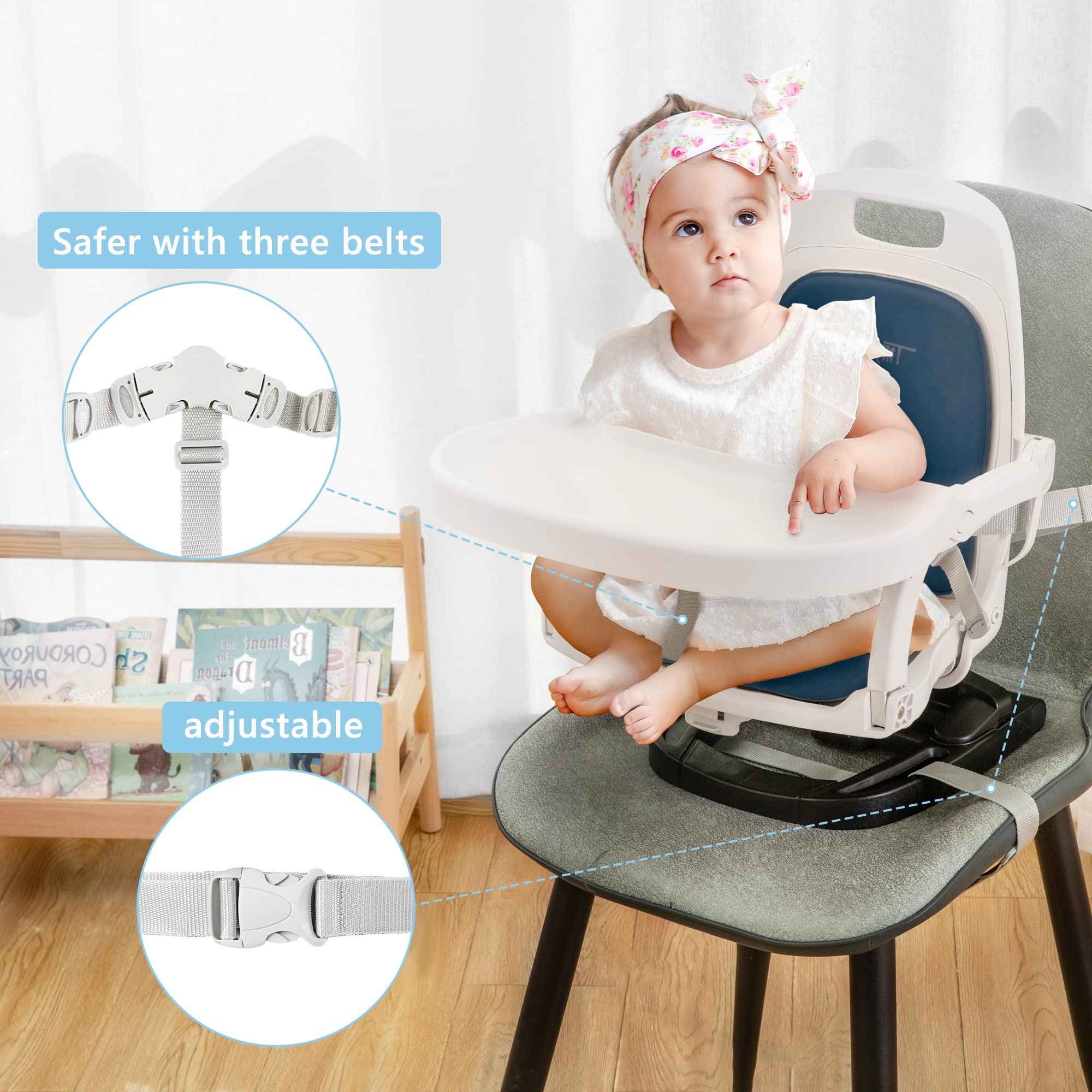 TILLYOU Foldable Baby with Removable Tray, Portable High Chair for Dining Table, Traveling, Adjustable 5-Position Height Baby Chair, Deep Blue