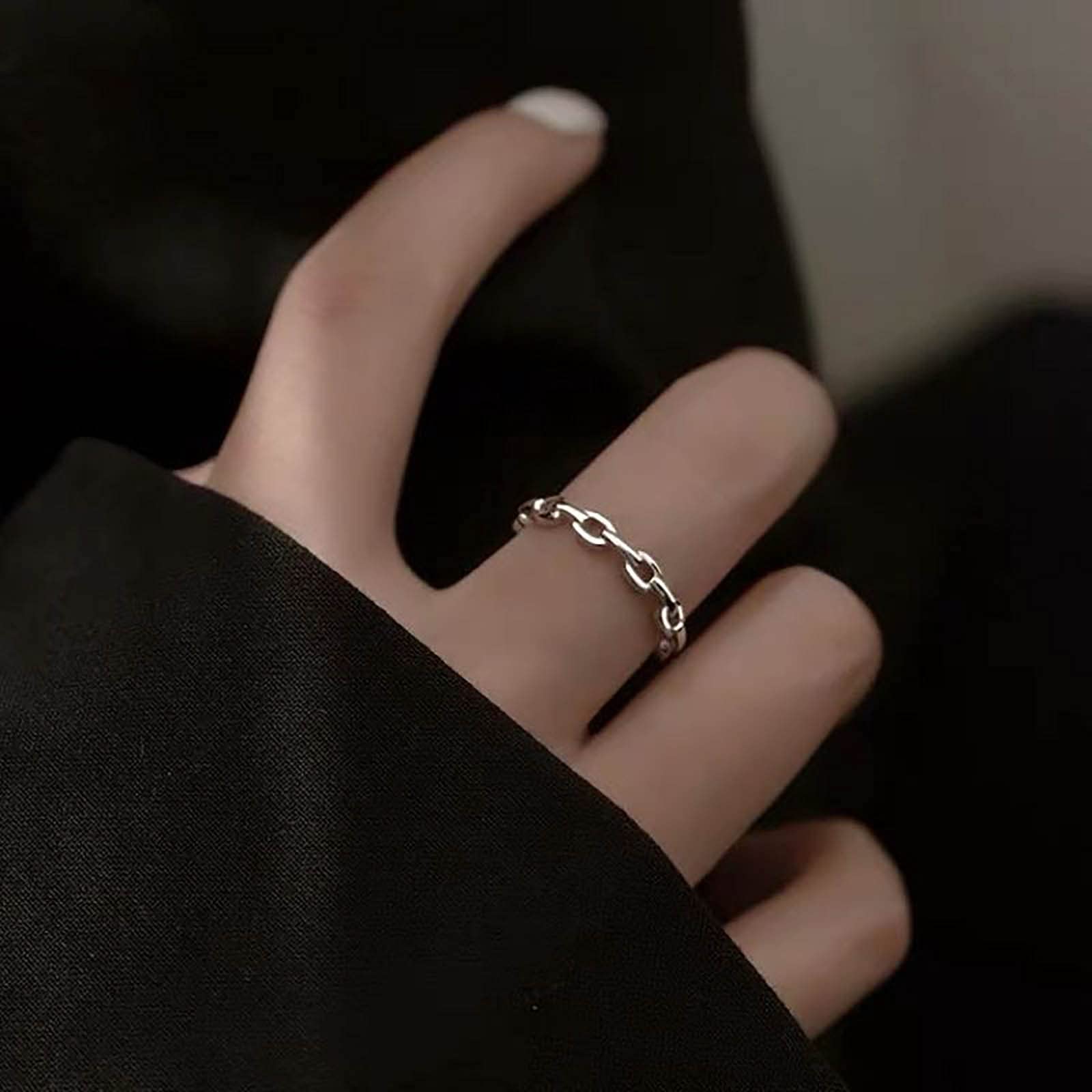 Paper Clip Ring Titanium Cubic Zirconia Rings Set for Women Girls Chain Link Ring Minimalist Stackable Finger Band Stainless Steel Cuban Ring (9)