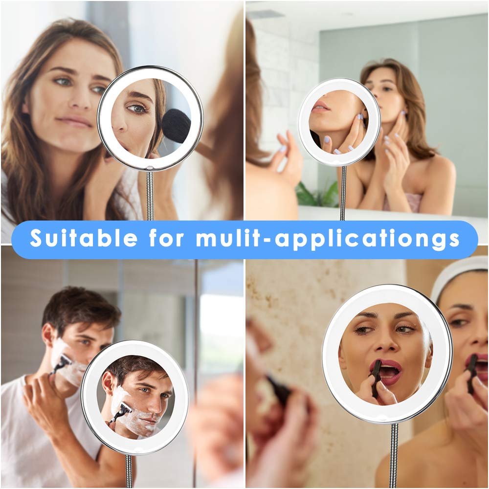Magnifying Makeup Mirror Flexible Gooseneck LED Lighted with with Strong Suction Cup, Bright Diffused Light and 360 Degree Rotation Portable Cordless for Travel and Home Round Shape Makeup Mirror