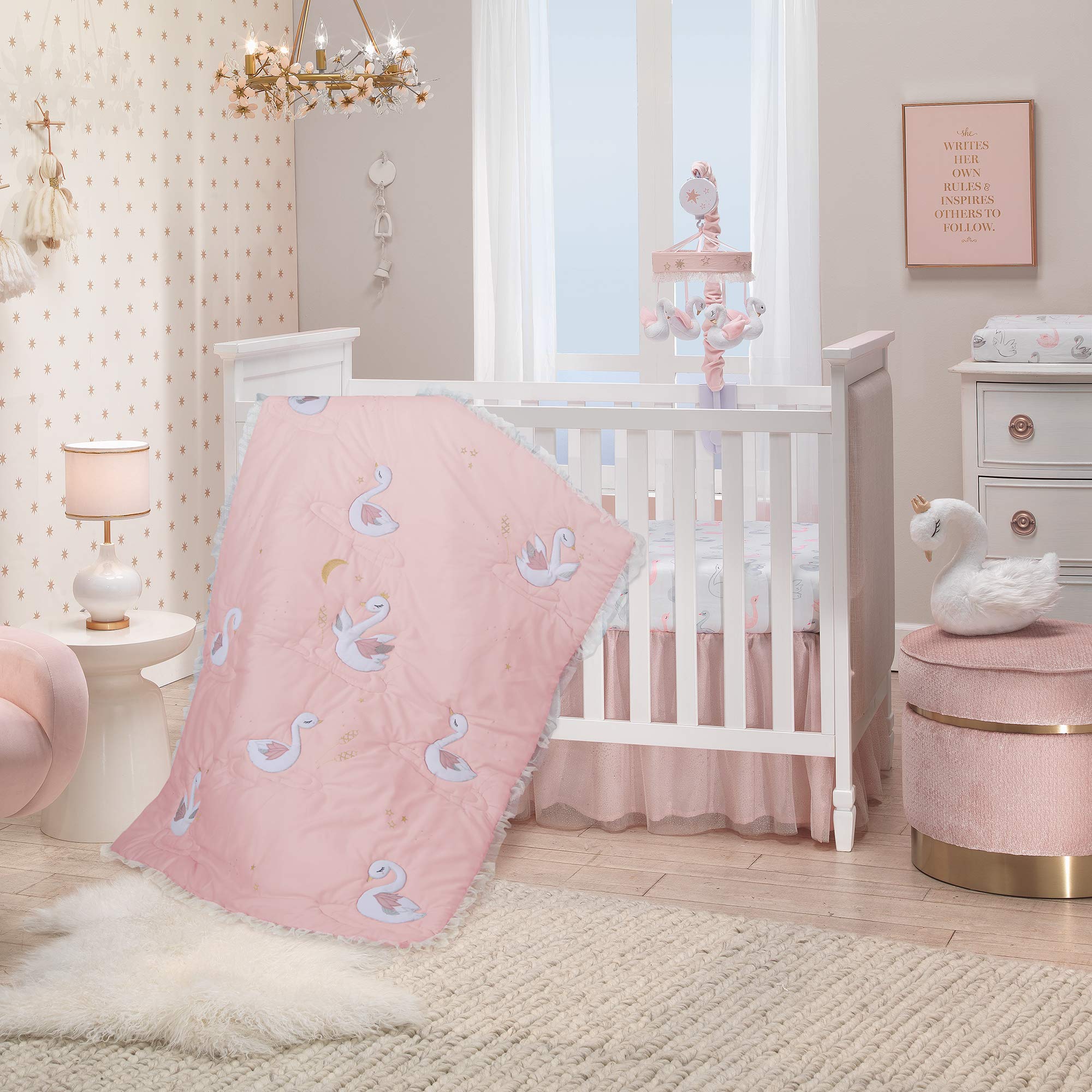 Lambs & Ivy Signature Swan Princess Pink/White Musical Baby Crib Mobile