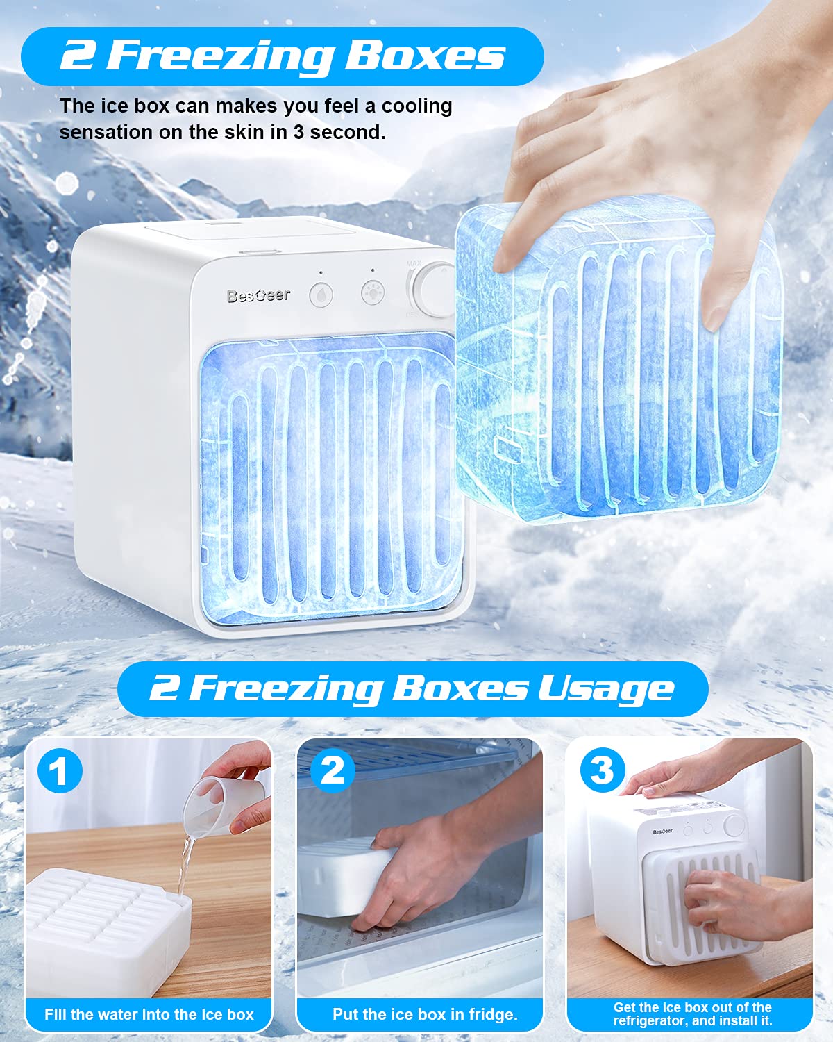 Portable Air Conditioner Fan,Personal Air Cooler Rechargeable Evaporative Air Cooler with 2 Freezing Boxes